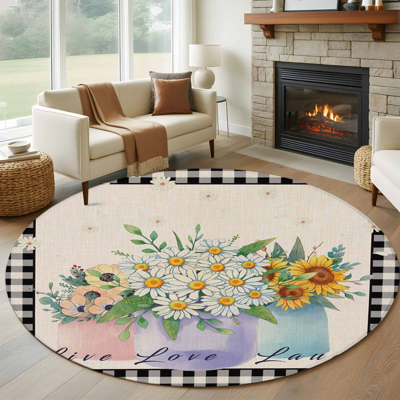 French Country Daisies Flower, Round Area Rug 6 FT, Non Slip Bedroom ...