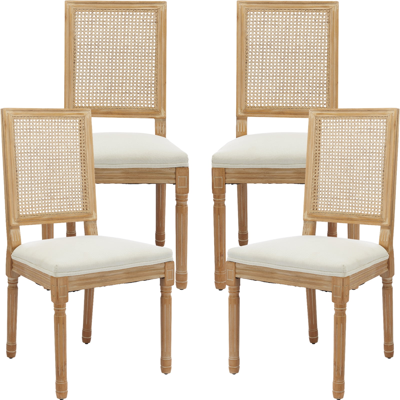French Country Dining Chairs Set of 4, Cream Kitchen & Dining Room Chairs Set of 4, Ivory Rattan ...