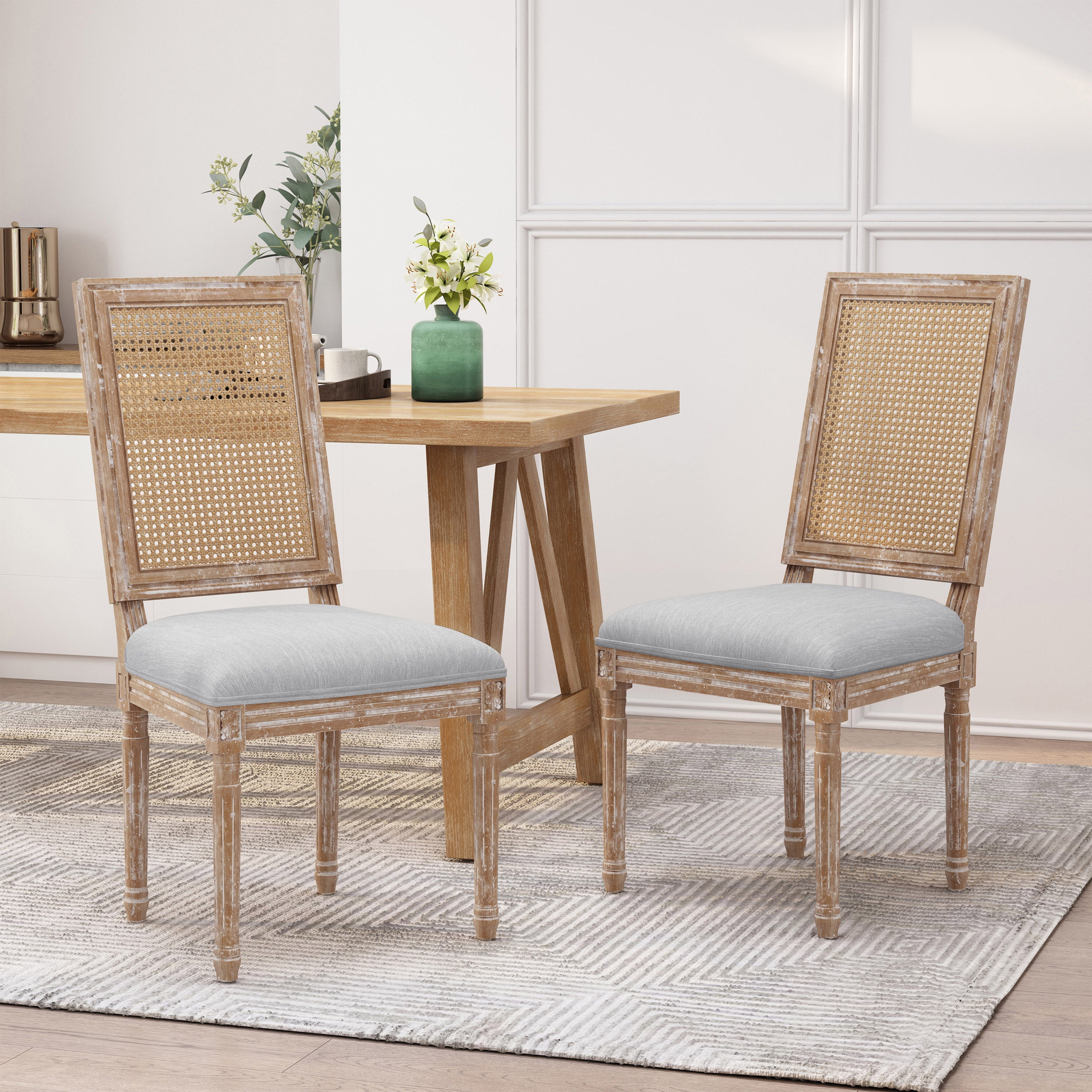French Country Dining Chairs - Set of 2, Upholstered Seat with Cane ...