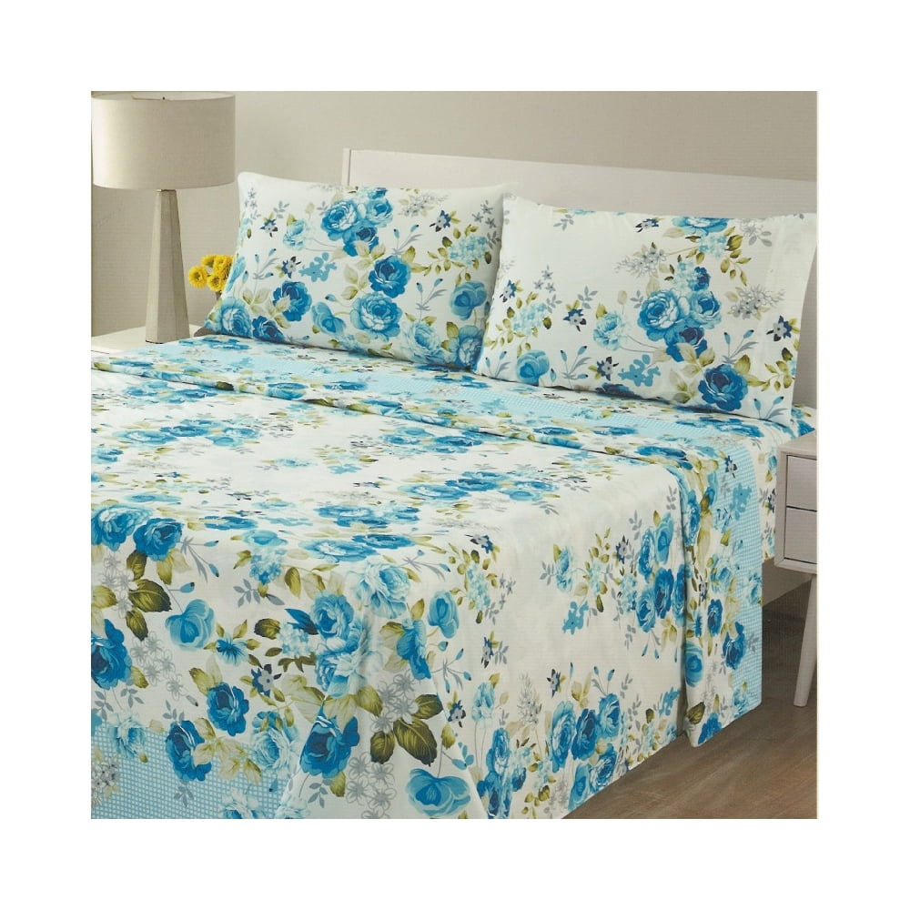 French Country Floral Bed Sheets Set Blue Flowers Queen King Size 4-PC ...