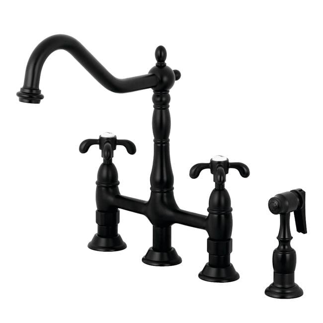 French Country Kitchen Bridge Faucet with Brass Sprayer, Matte Black ...