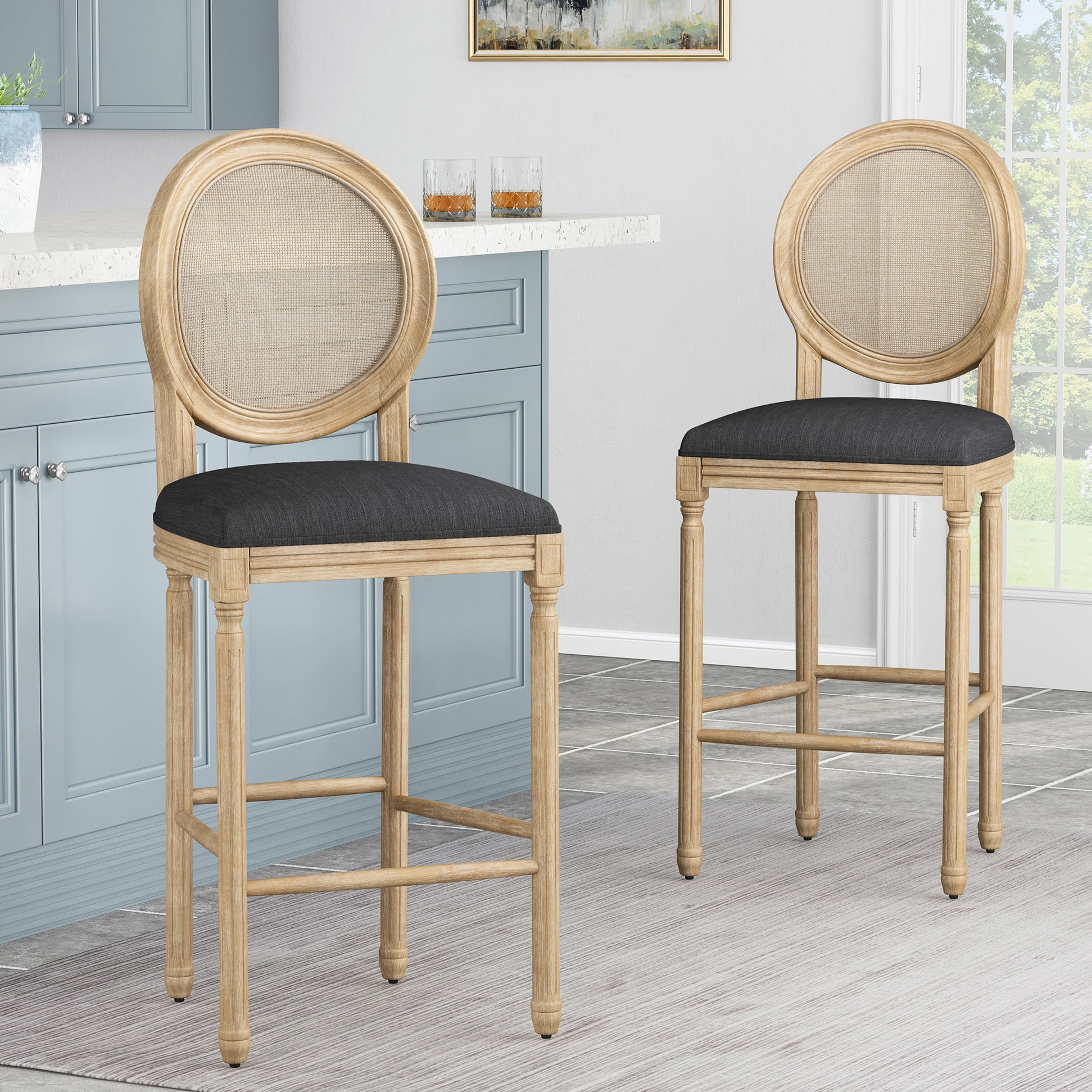 French Country Style Bar Stool - Breathable Back & Wood Of 2 Stools In ...