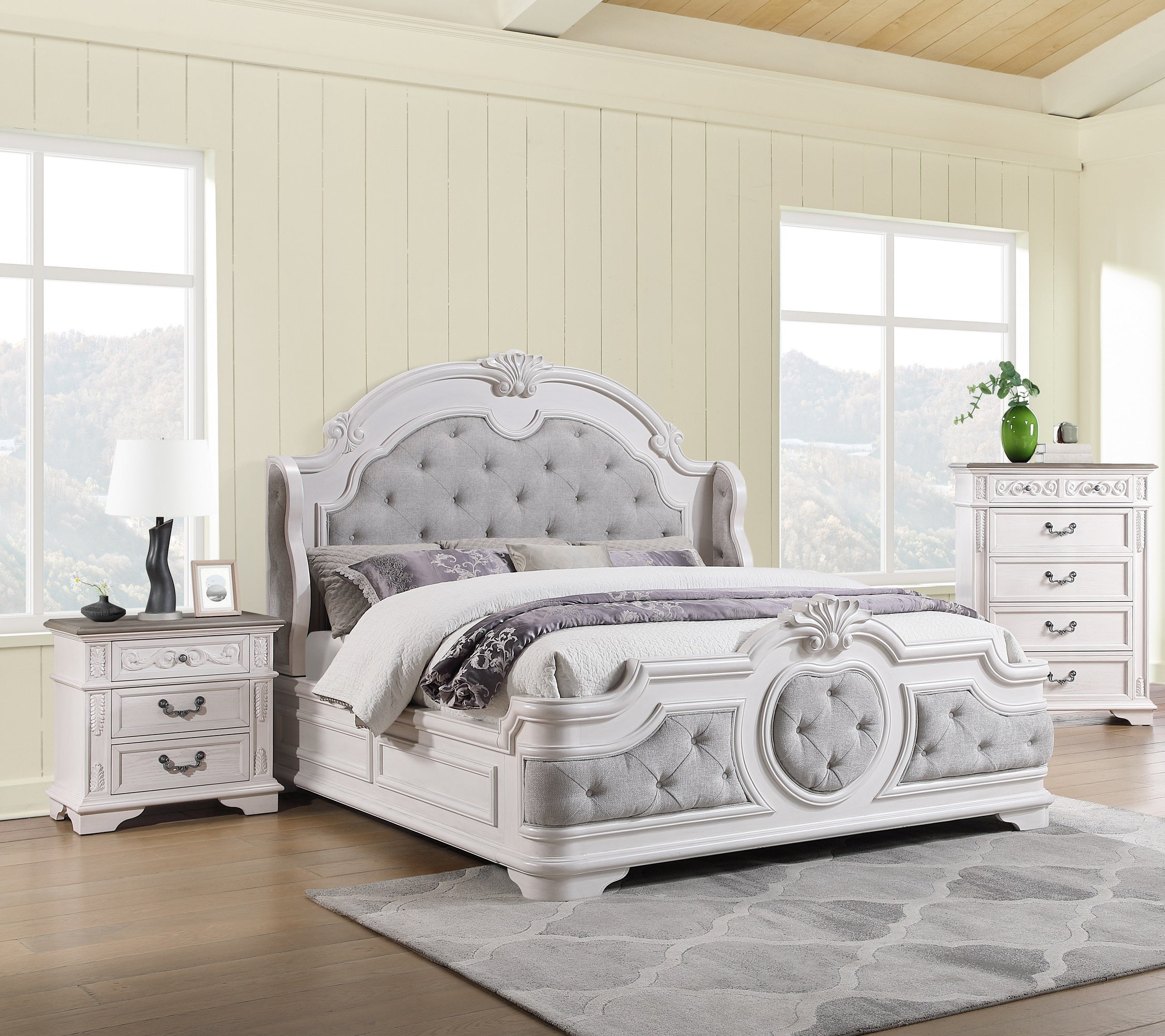 French Country Style Distressed Finish Queen Wing Bed Chest Nightstand ...