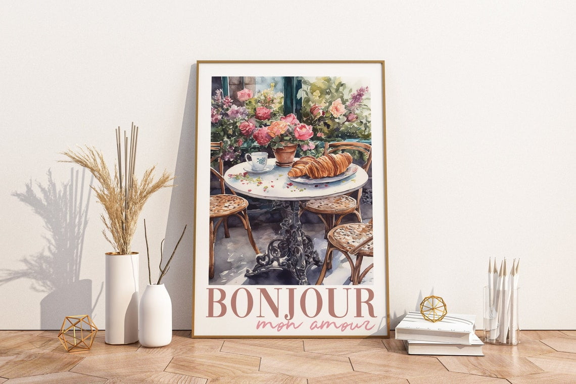 French Croissant Poster: Bonjour Mon Amour, Paris Cafe Art, Unframed ...