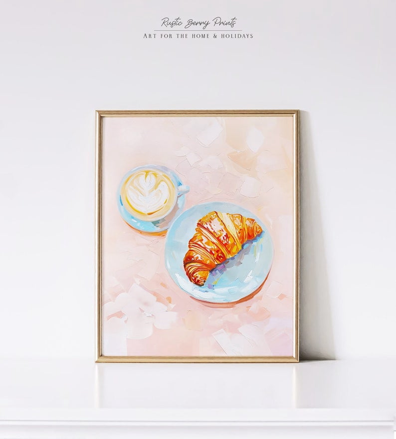 French Croissant and Latte Art Poster Breakfast Oil Painting 12x18 ...
