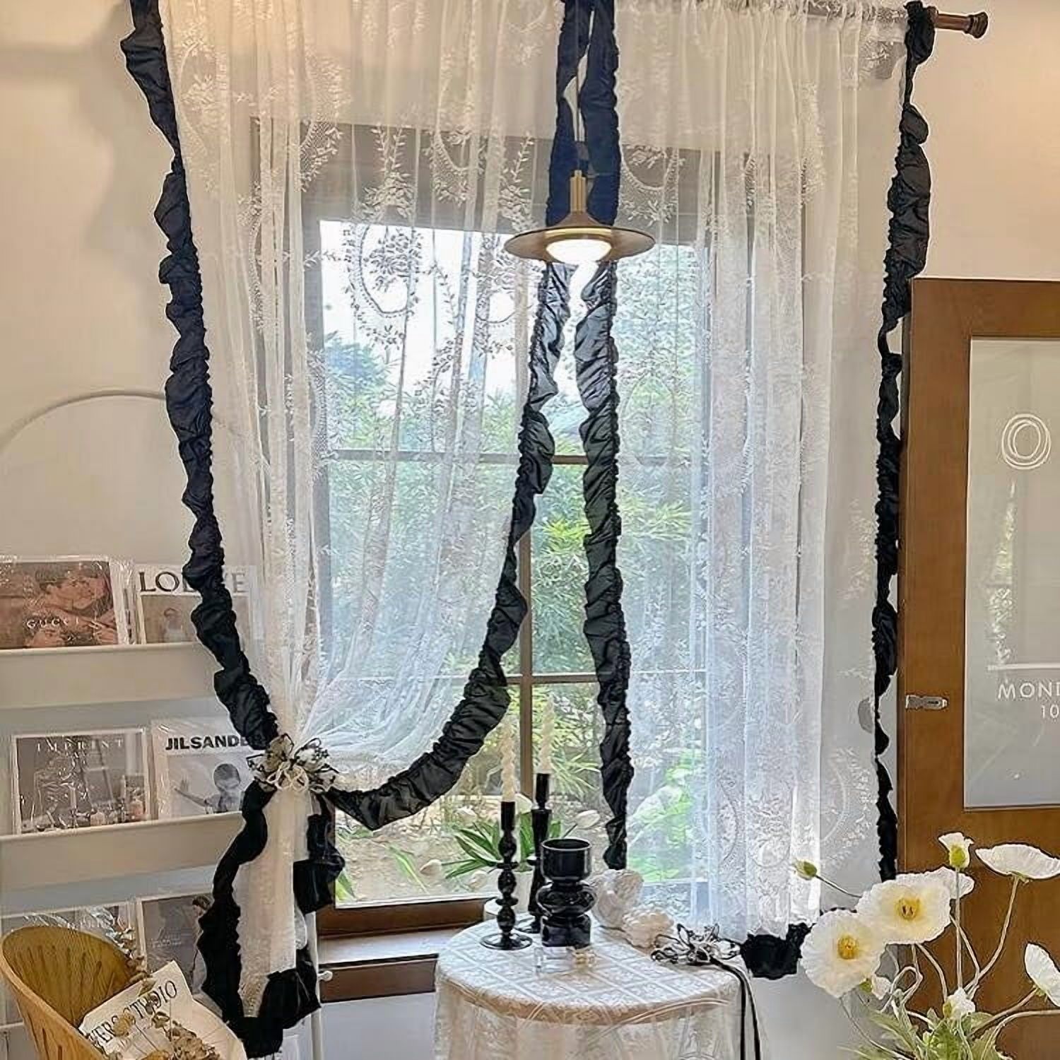 French Curtains White Floral Sheers with Black Lace Ruffles Window ...
