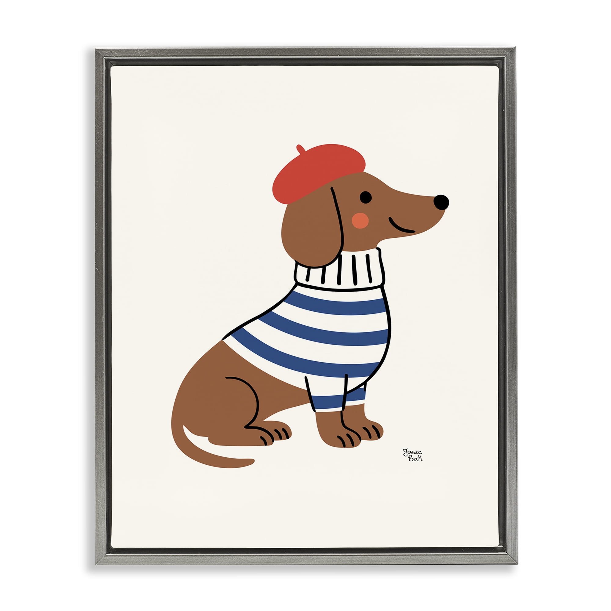 French Dachshund in Beret Gray Framed Floater Canvas Wall Art, design ...