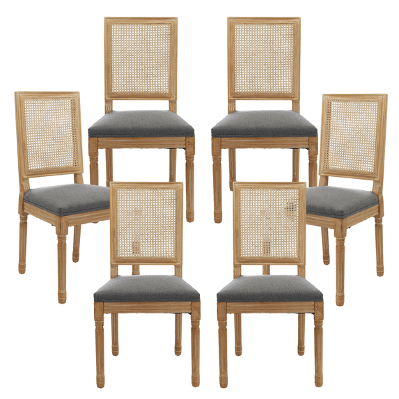 French Decor Chairs Set of 6, Louis Dining Chairs with Square Rattan ...