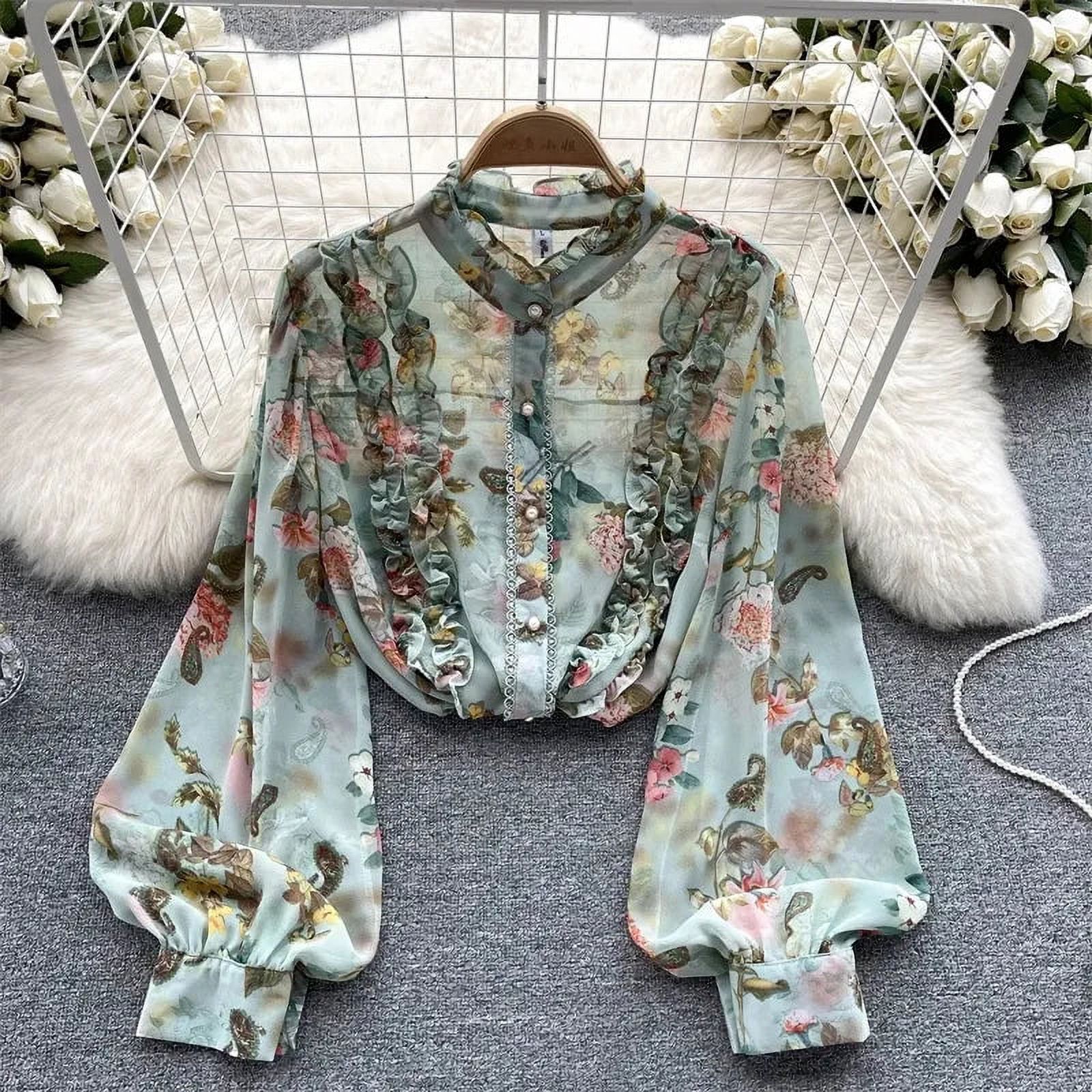 French Elegant Chic Ruffles Floral Print Chiffon O-neck Women's Spring ...