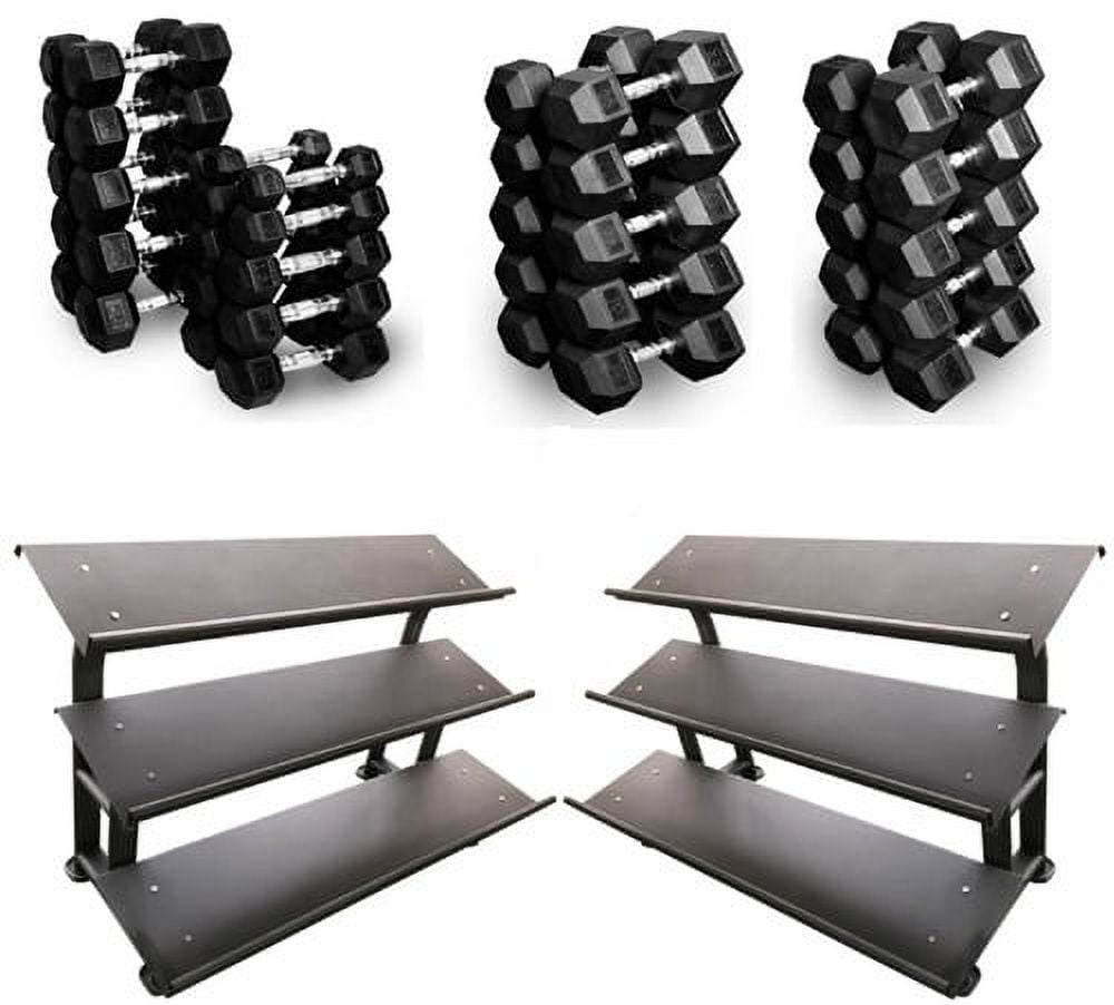 French Fitness Rubber Hex Dumbbell Set 5-100 lbs w/(2) 3 Tier Dumbbell ...