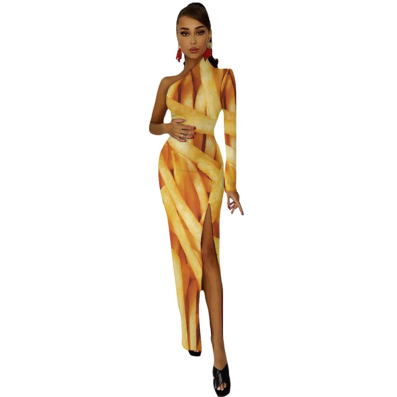 French Fried Potatoes Half Dleeve Split Dress summer dress daily Woman ...