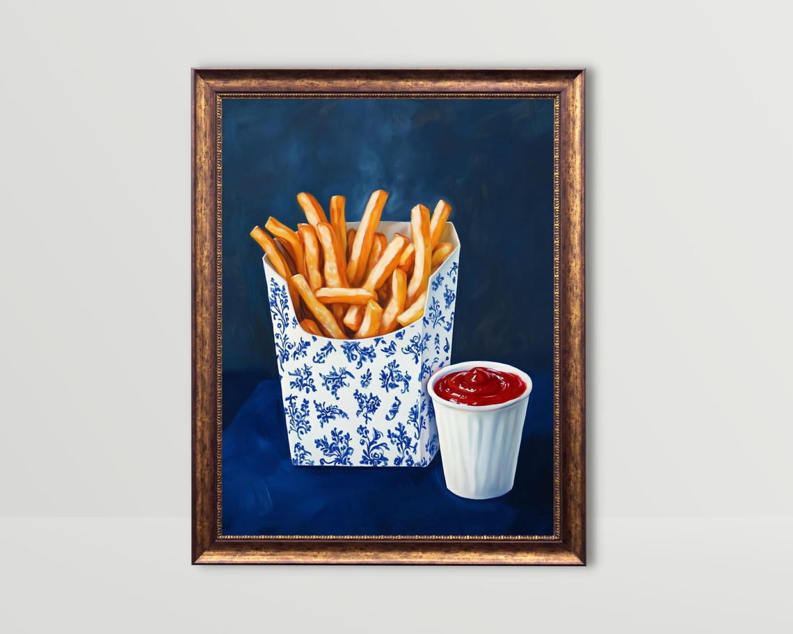 French Fries, Trendy Blue Wall Art Fun Kitchen Poster Fast Food Art ...