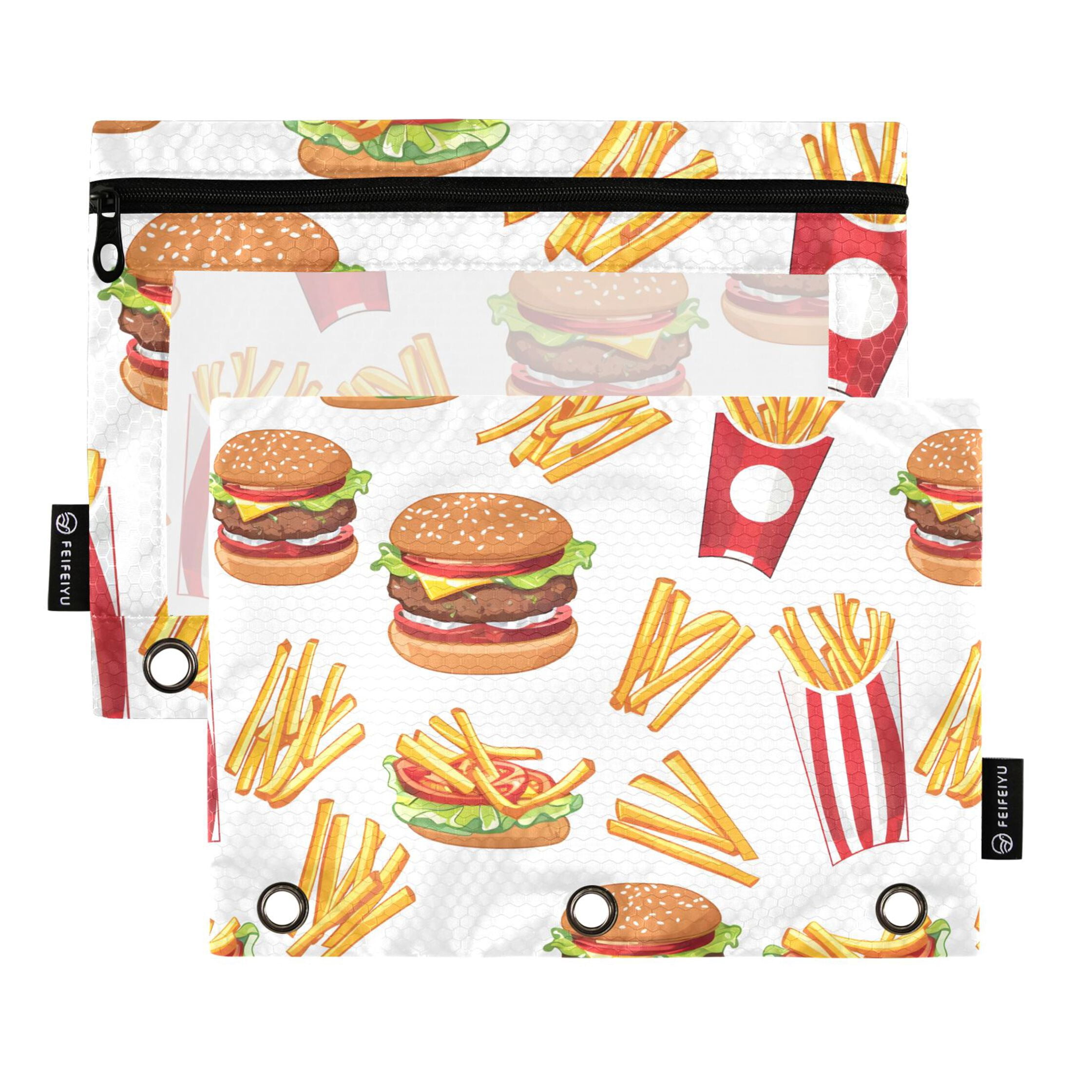 French Fries and Hamburger 2 Pack Pencil Pouch for 3 Ring Binder Smooth ...