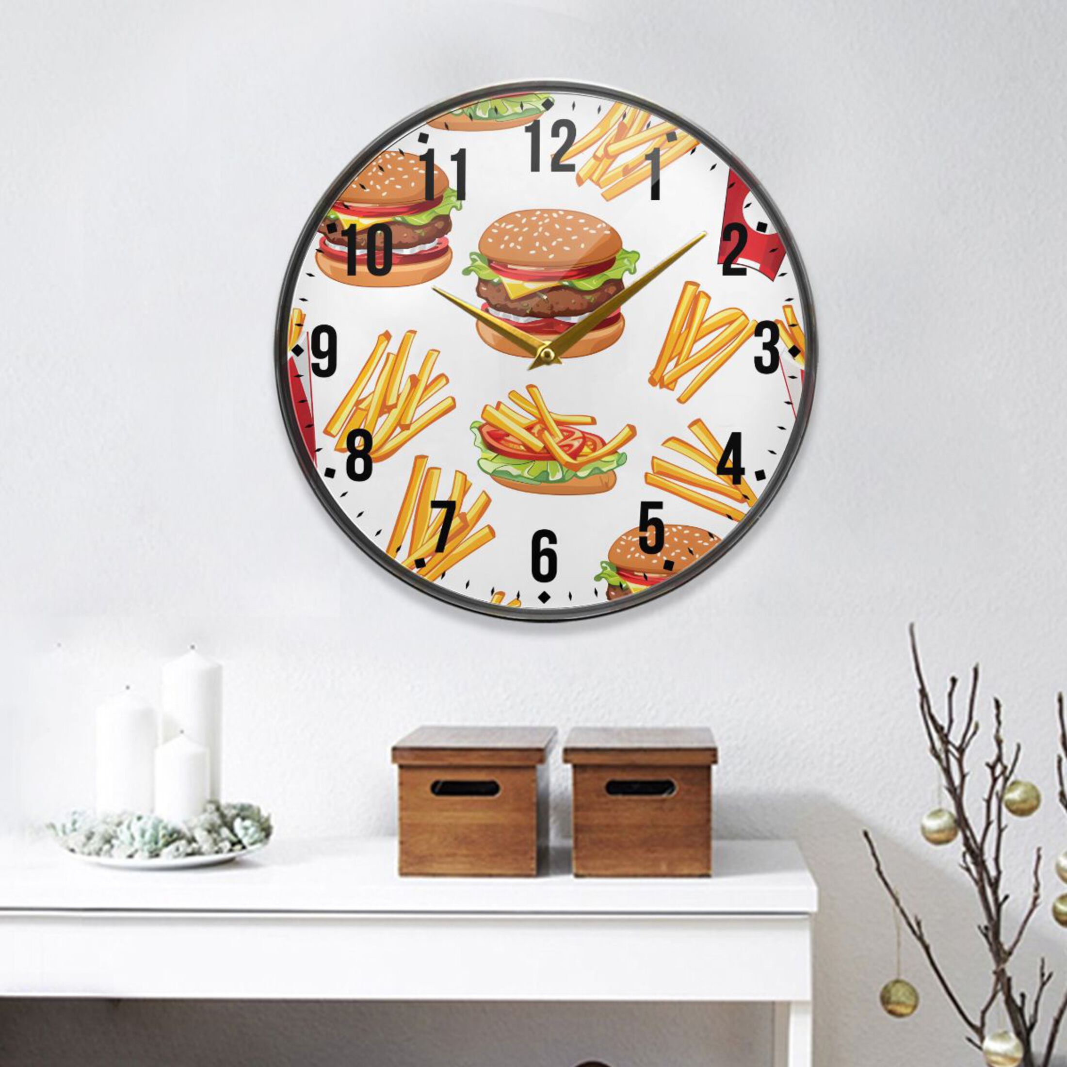 French Fries and Hamburger Round Wall Clock 12 Inch Non-Ticking Silent ...