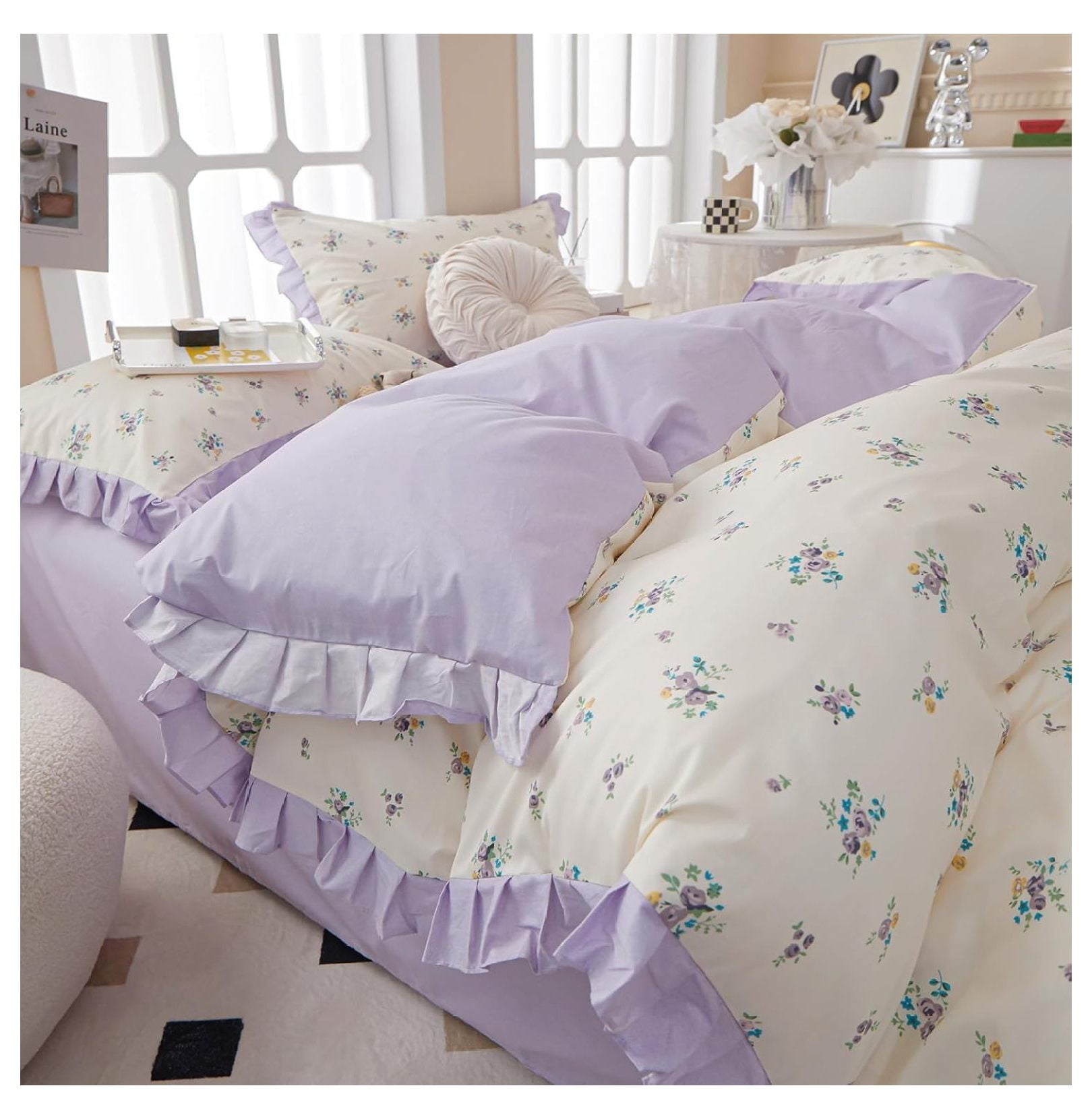 French Garden Style Purple Floral Comforter Set Queen Fluffy Soft ...