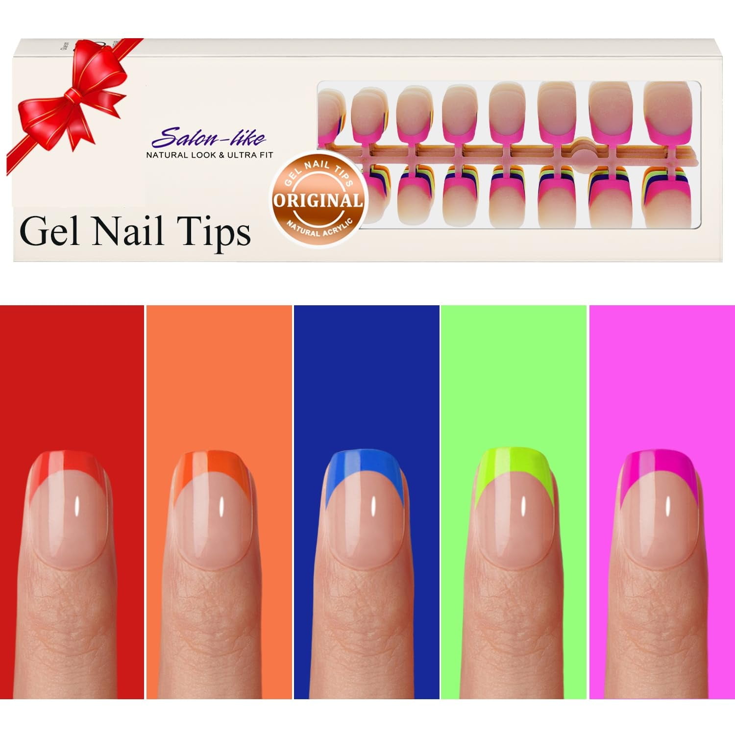 French Gel Nail Tips - Vibrant Multi-Color French Tip Press on Nails ...