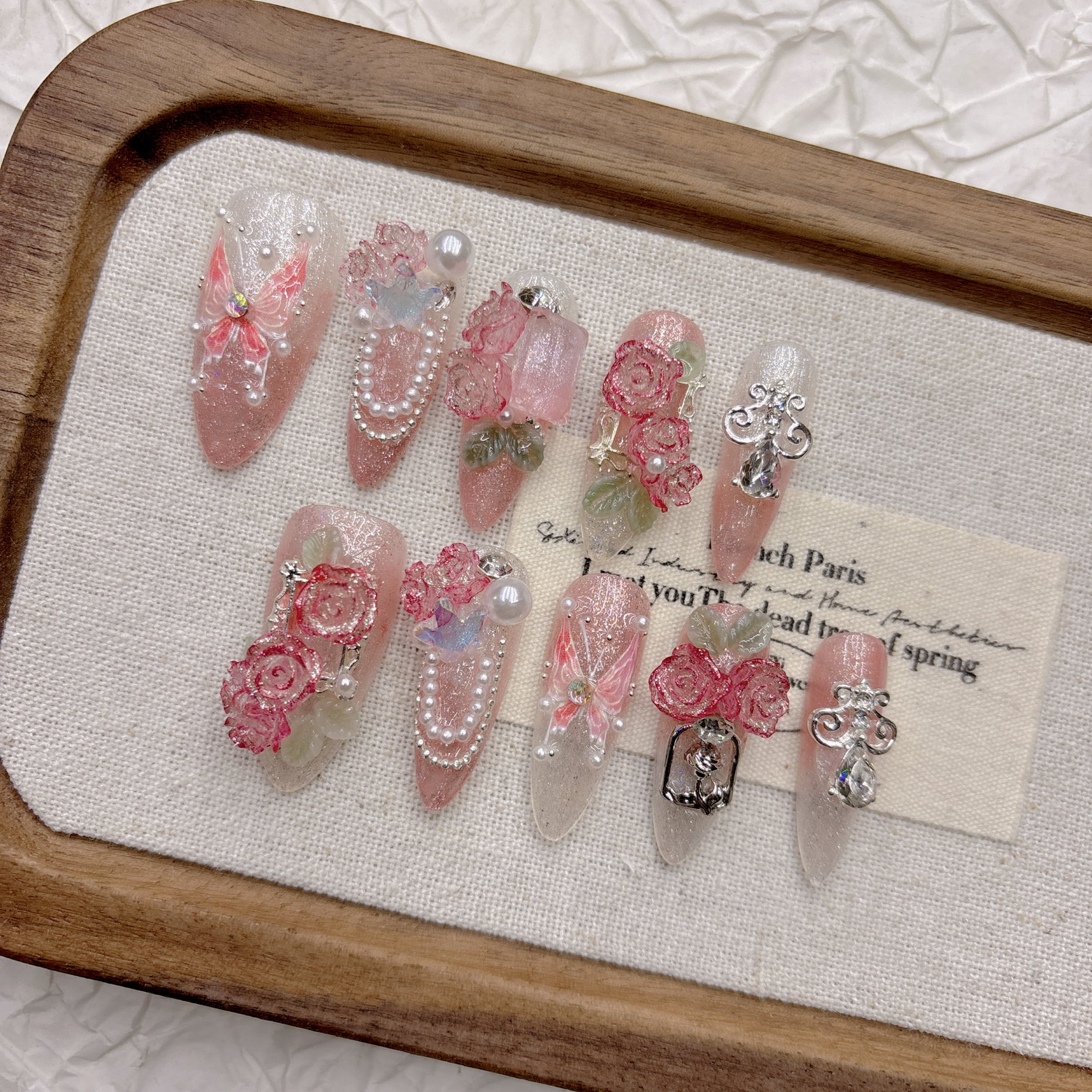 French Gentle High-End Pink Butterfly Handmade Nail Art Fake Nails Long ...