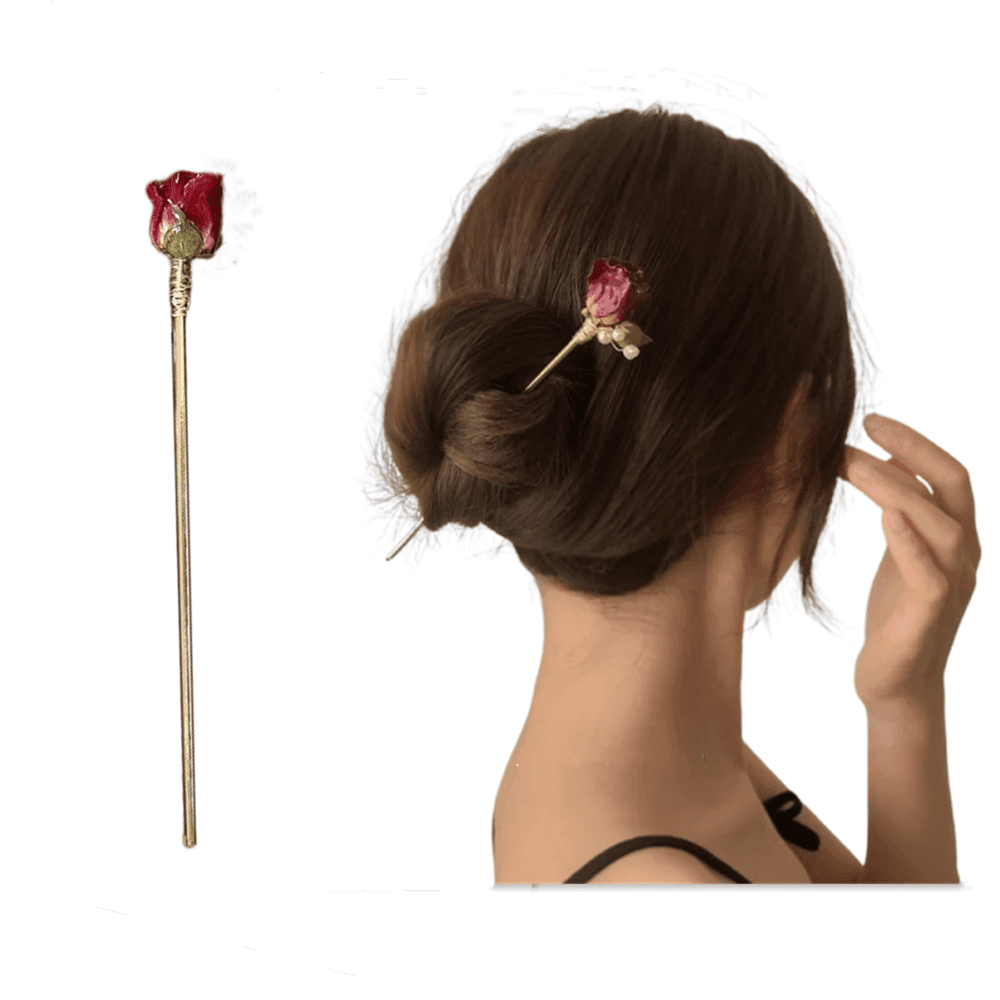 French Hair Pins with Dried Flower and Rose Bead - Gold Chignon Hairpin ...