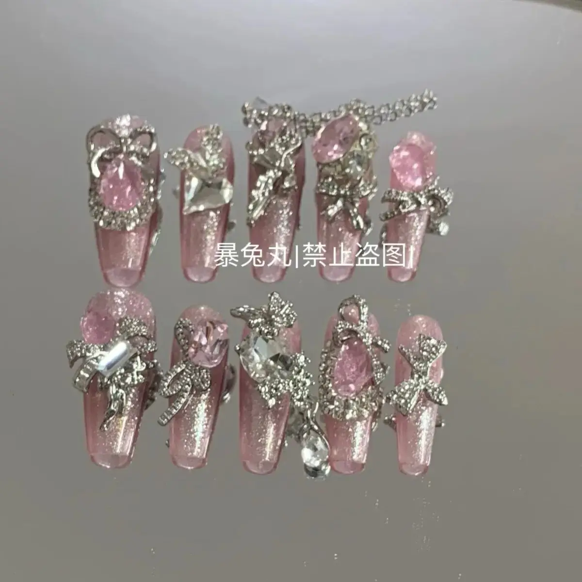 French Handmade Hello Kitty Press-On Nails Metal Long Coffin Fake Nail ...