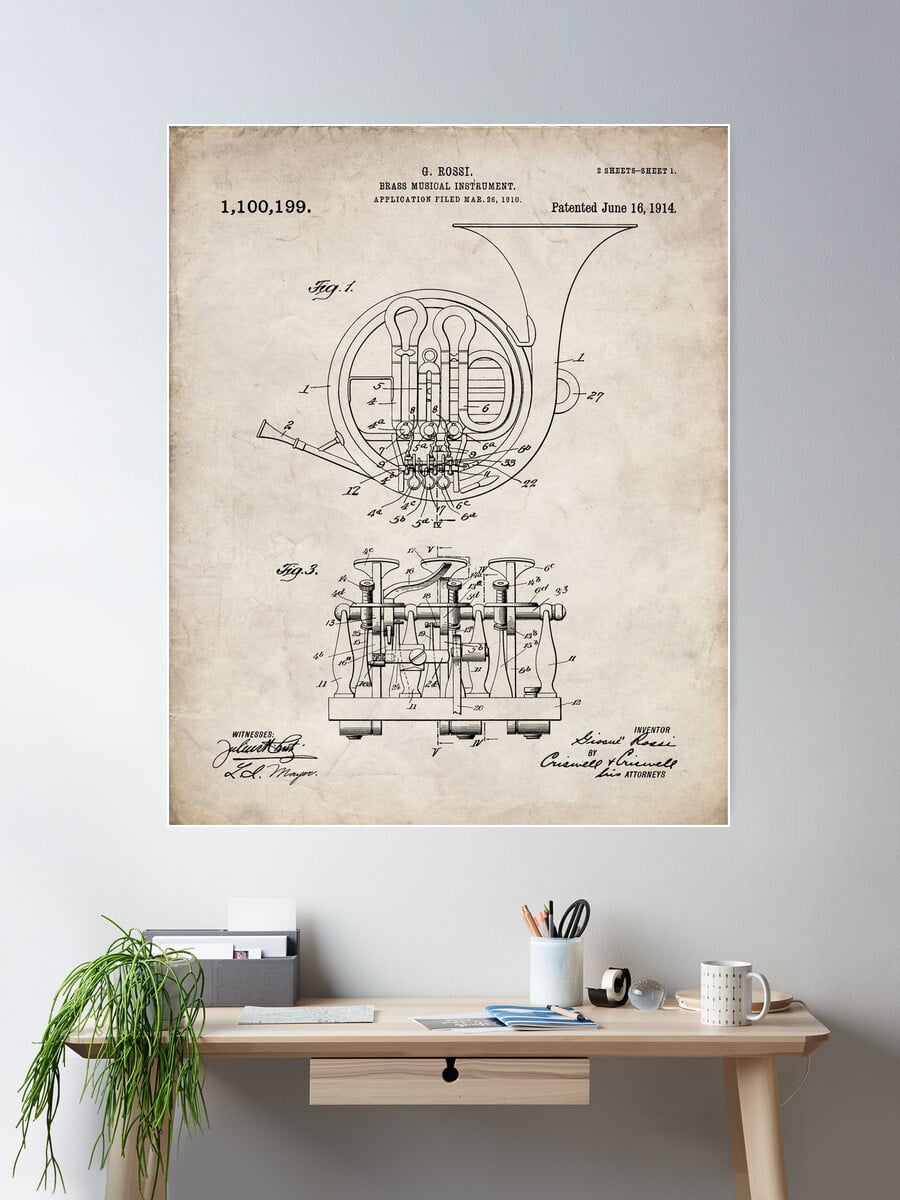 French Horn Patent - Horn Player Art - Antique Poster Wall Art, Modern ...