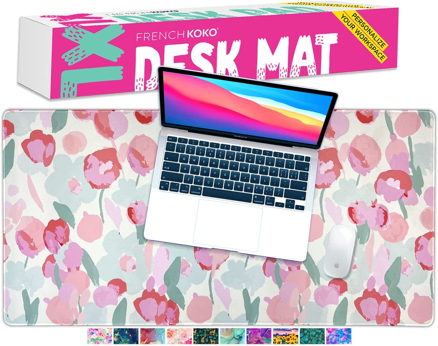 French KOKO Tulip Retreat XL Large Desk Mat, Rubber, Floral Pattern, Mouse Pad with Keyboard Pad ...
