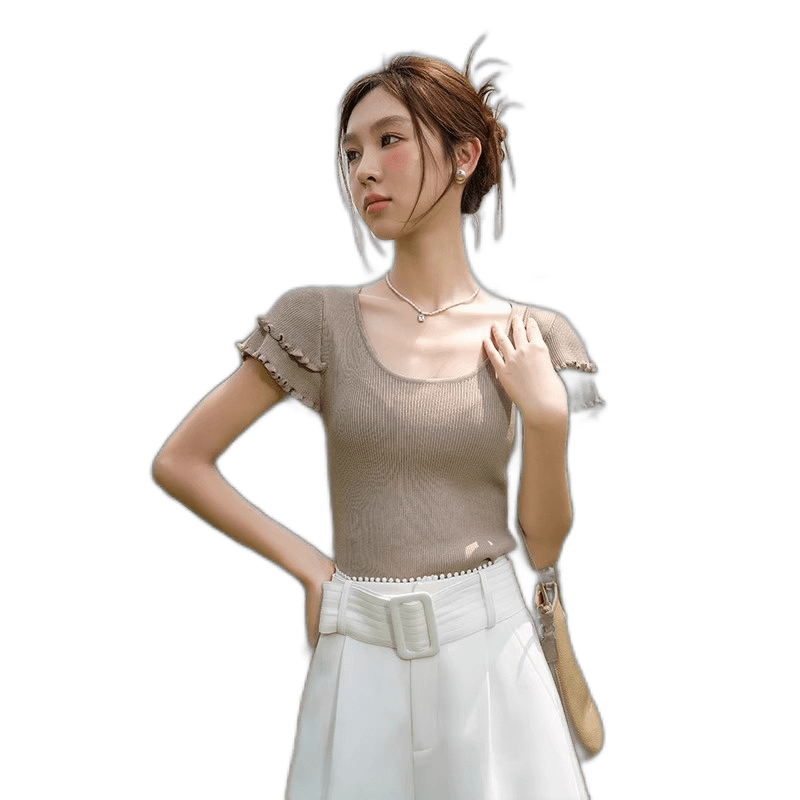 French Lace Sleeve Versatile Round Collar T Shirt Female Summer Thin
