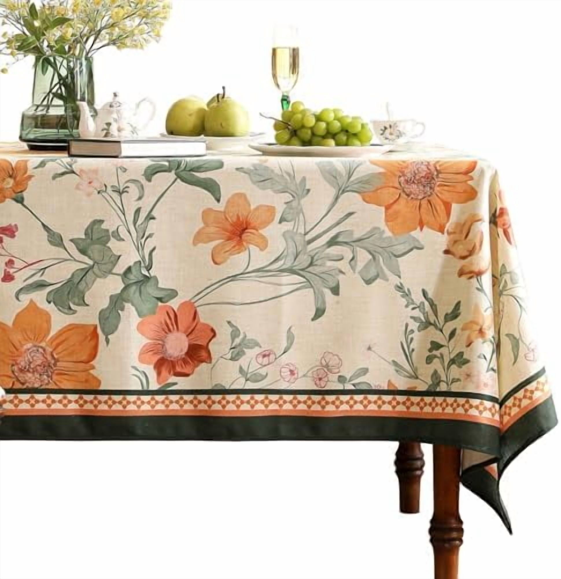 French Long Tablecloth for Rectangle Table,Linen Orange Floral Wrinkle ...