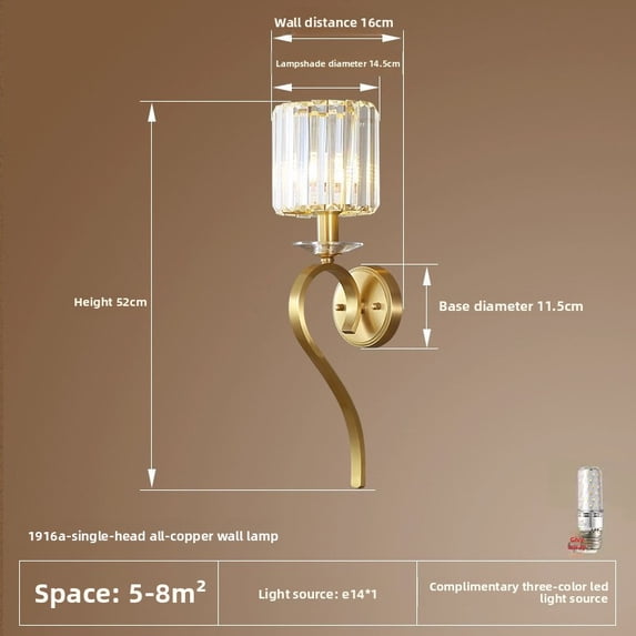 French Luxury LED Wall Sconce with Crystal, Full Copper American Style ...