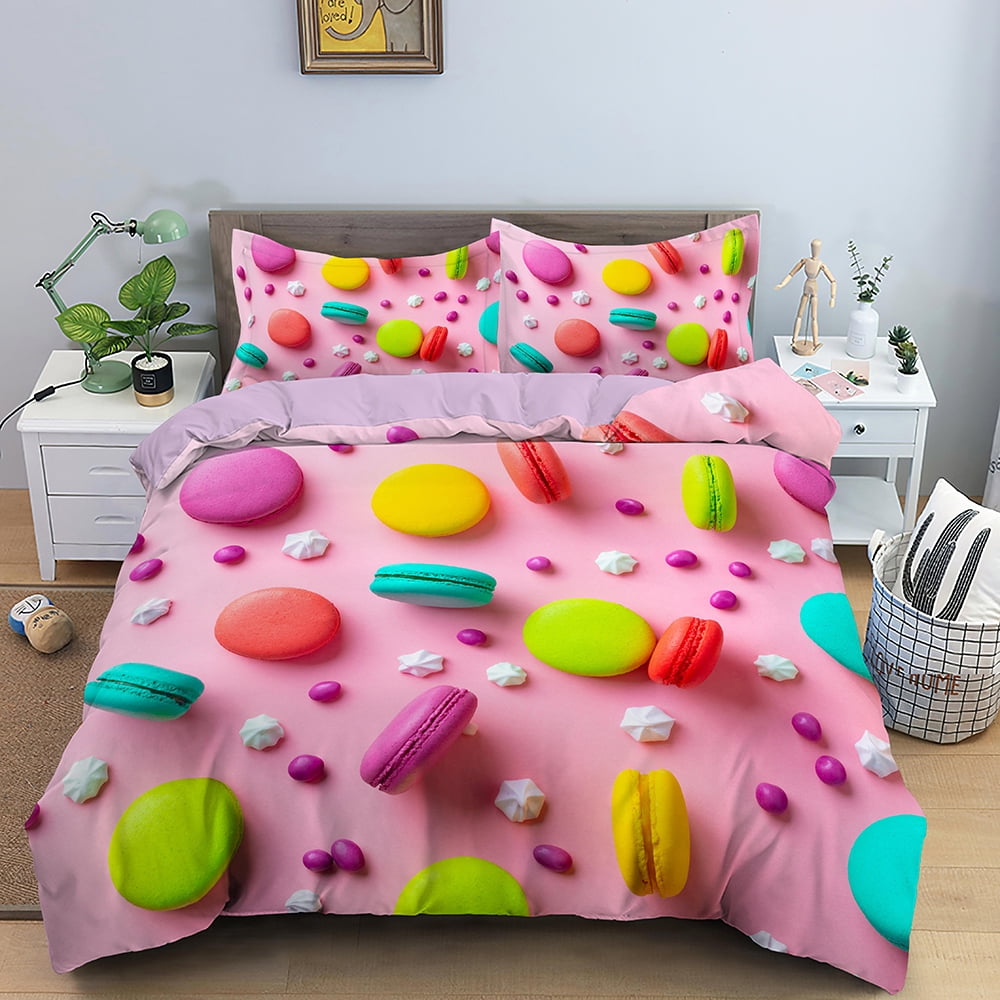 French Macaron Chocolate Print Bedding Set Colorful Duvet Cover 3D Print Comforter Cover Dessert ...