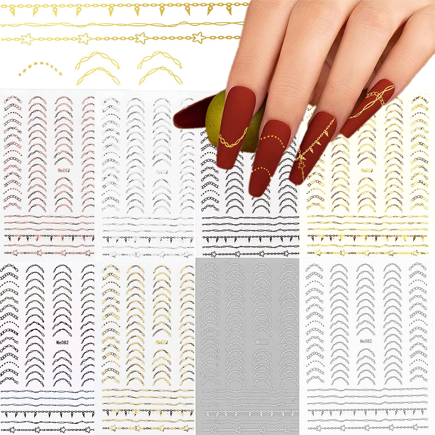 French Metal Line Nail Stickers, 3D Gold Sliver Metallic Curve Strip ...
