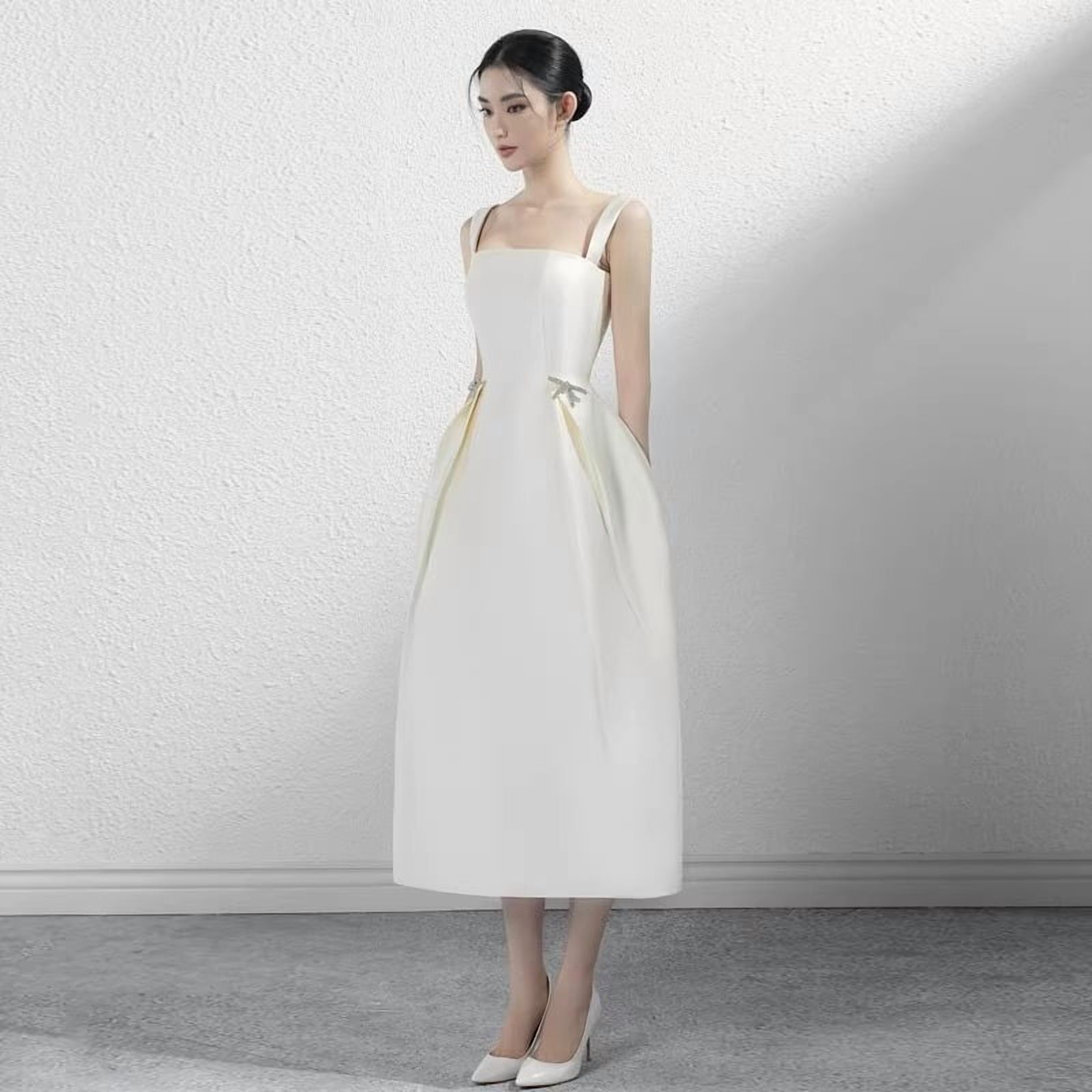 French Niche Design Black and White Satin Strap Evening Dress for ...