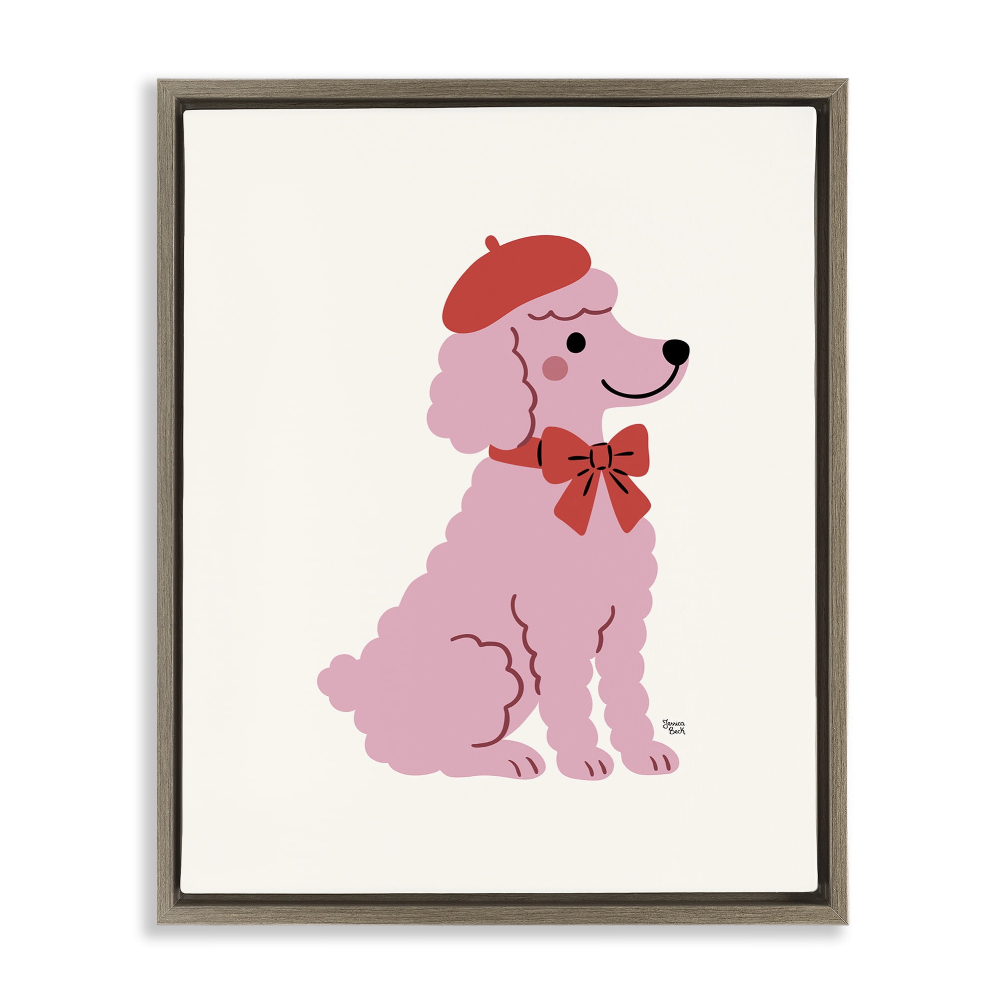 French Poodle in Beret Brown Framed Floater Canvas Wall Art, design by ...