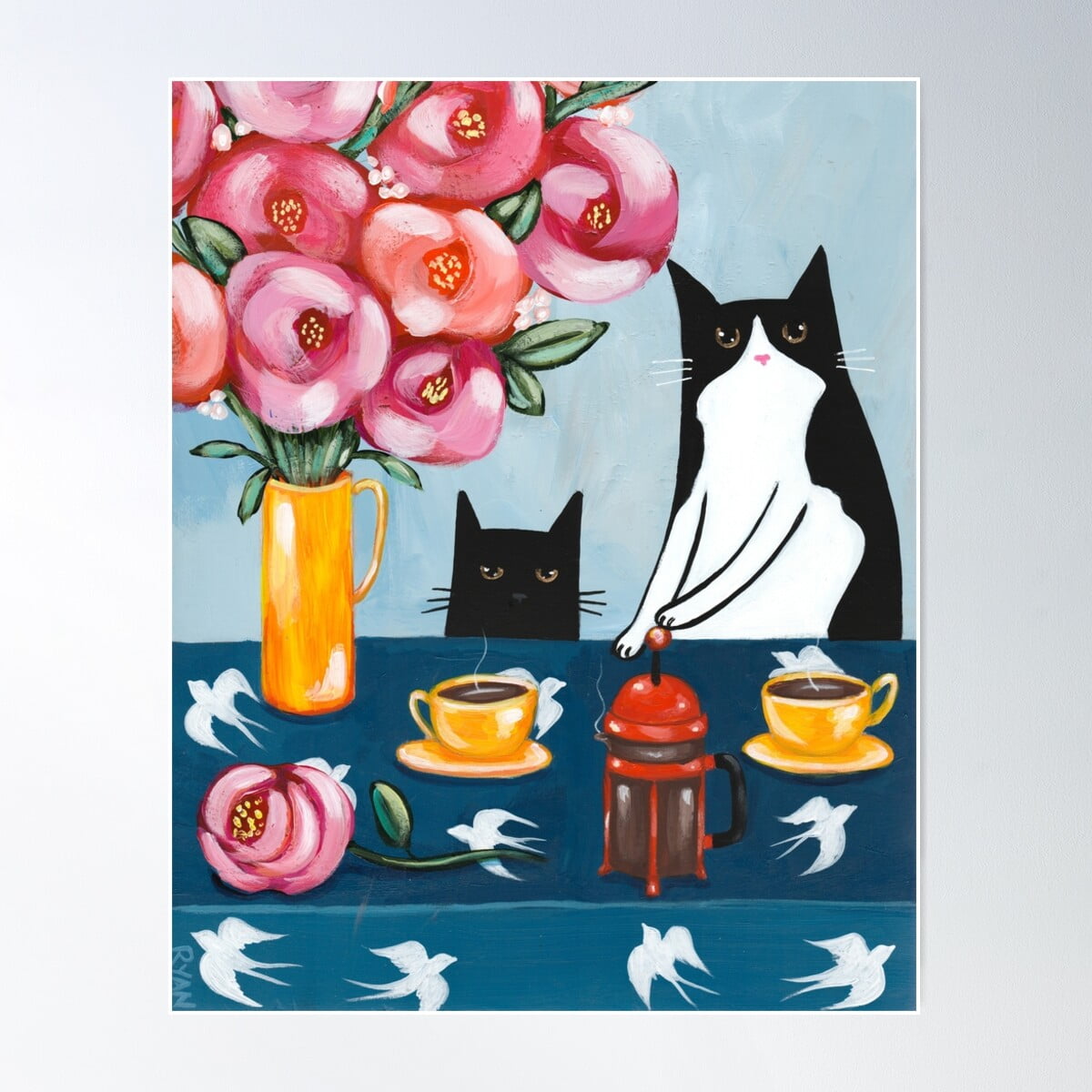 French Press Coffee Cats Poster Wall Art, Modern Wall Decor For Living ...