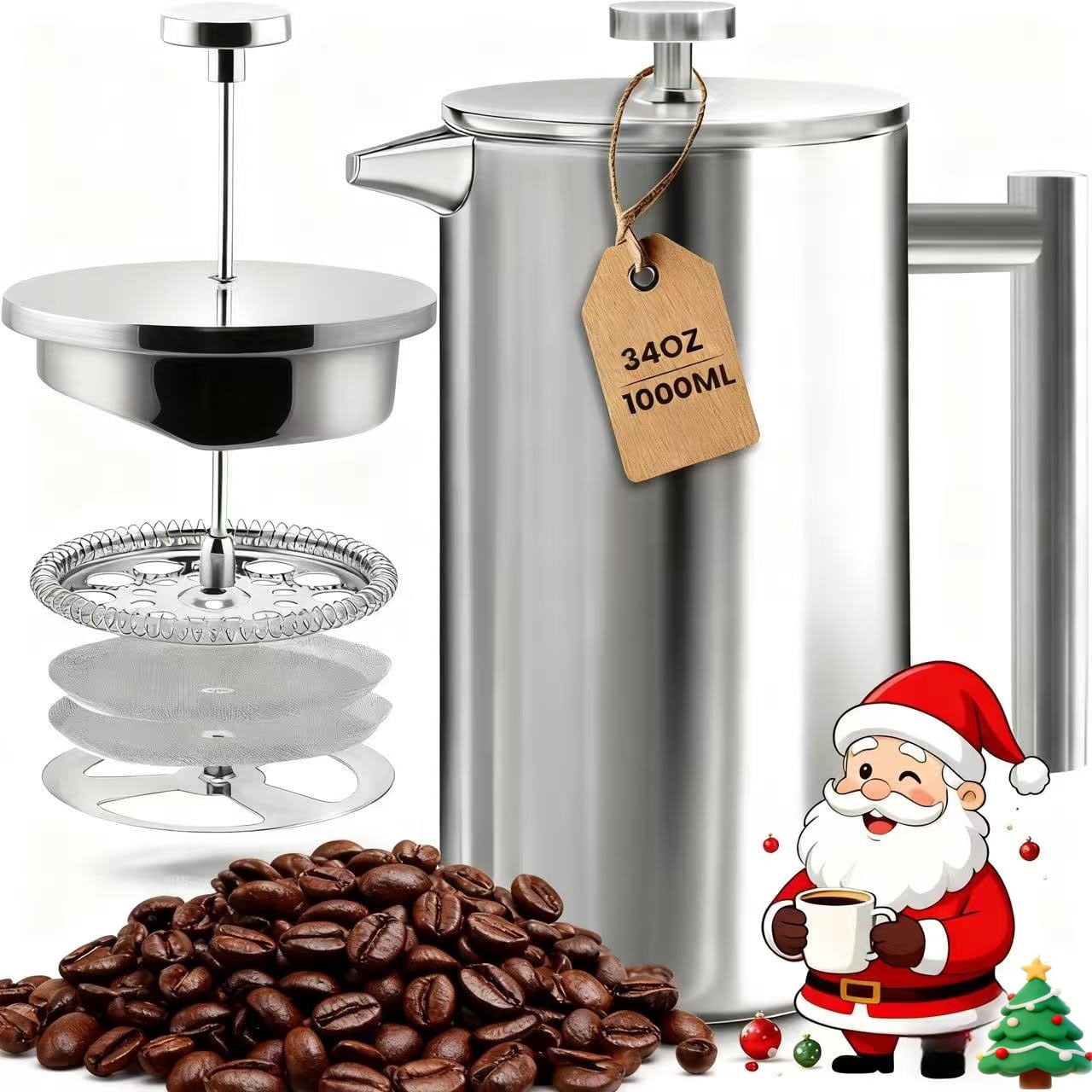 ANUNU French Press Coffee Maker, 34oz Stainless Steel Insulated Coffee ...