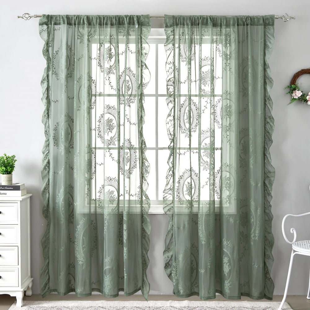 French Retro Green Ruffled Lace Sheer Tulle Curtains For Girls Room ...