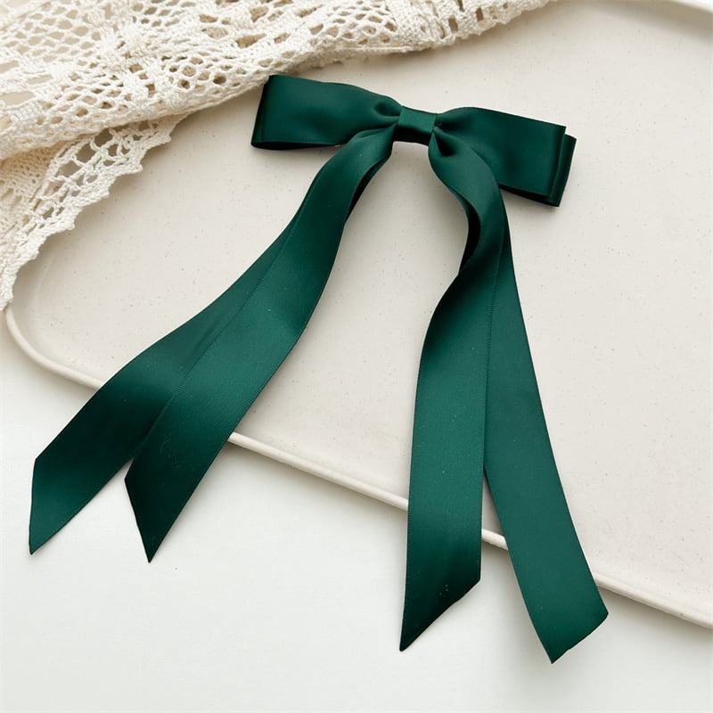 French Retro Satin Bow Hair Clip with Long Ribbons, Forest-Style Soft ...