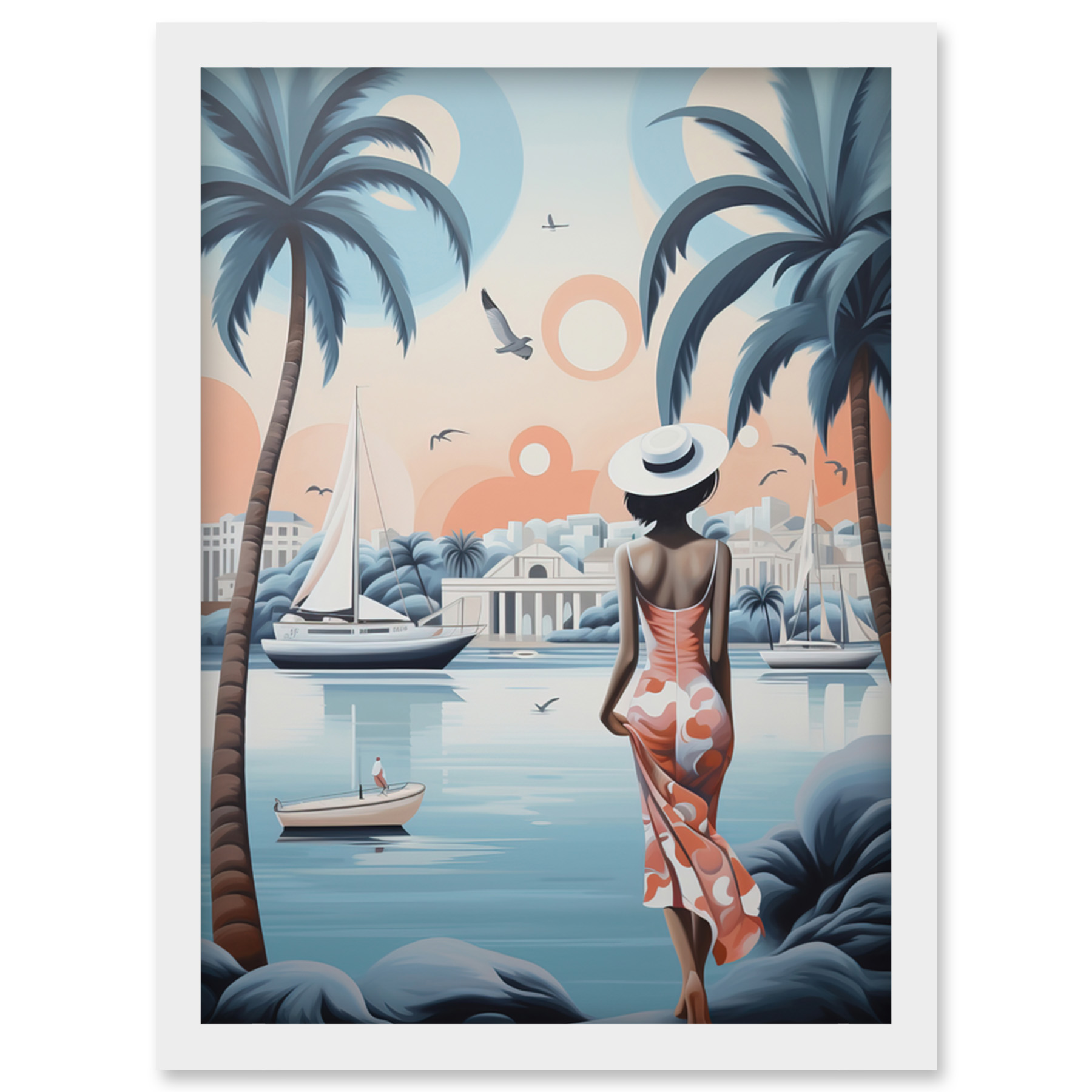 French Riviera Palm Tree Coastline Boats Stylised Artwork Teal Coral ...