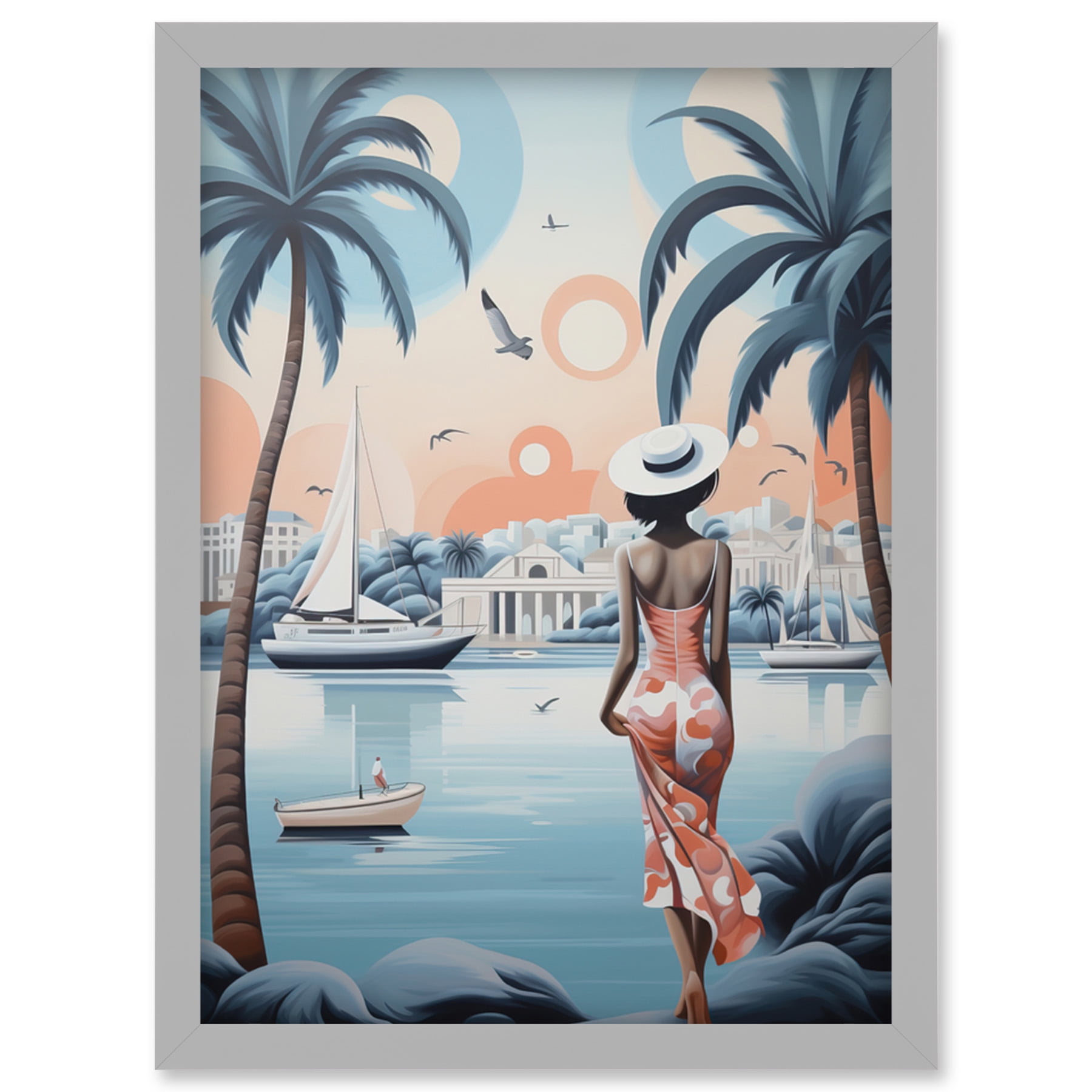 French Riviera Palm Tree Coastline Boats Stylised Artwork Teal Coral ...