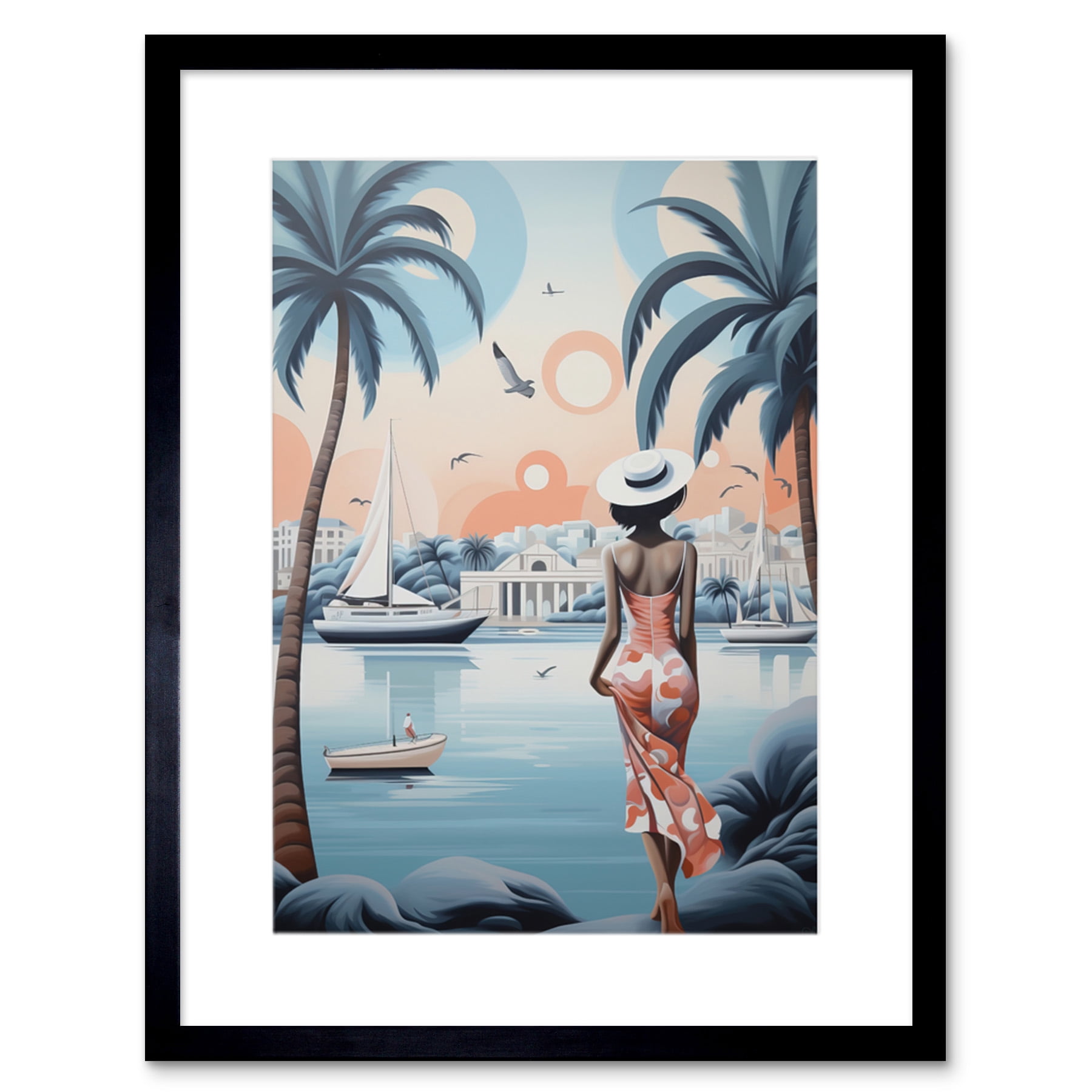 French Riviera Palm Tree Coastline Boats Stylised Artwork Teal Coral ...