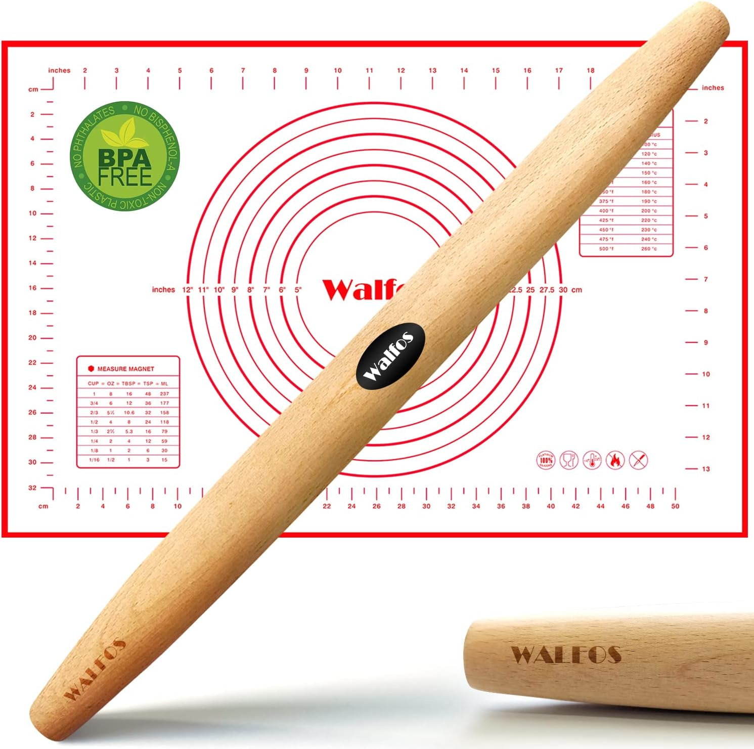 French Rolling Pin and Silicone Baking Mat Set, Non-Stick Beech Wood ...