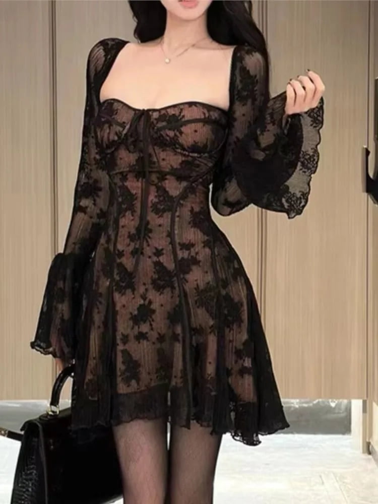 French Sexy Lace Mini Dress Women Y2K Off Shoulder Lace Up Ruffles A-line Autumn Spring Long ...