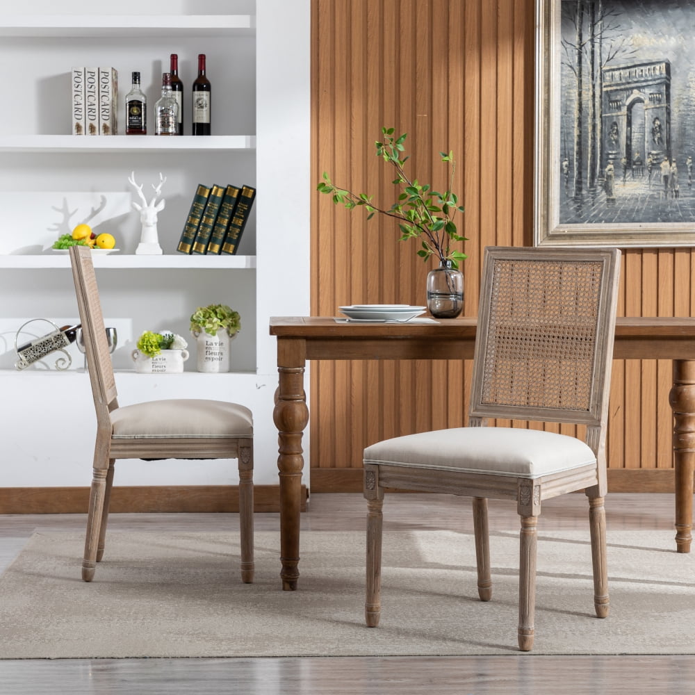 French Style Dining Chairs Set of 2,Linen Fabric Upholstered Accent ...