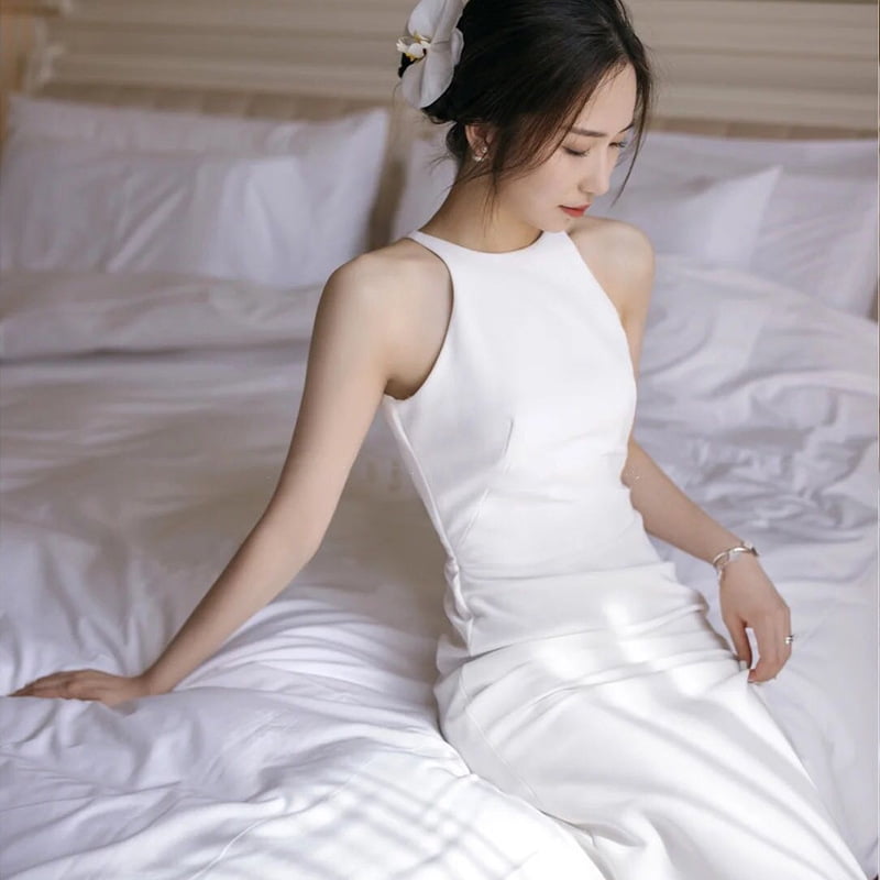 French Style Fairy Light Wedding Dress 2025 New Elegant Satin Mermaid Exit Dress White Simple ...