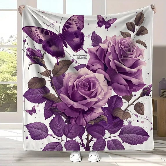 French Style Flannel Blanket - Luxurious Soft Purple Rose & Pattern ...