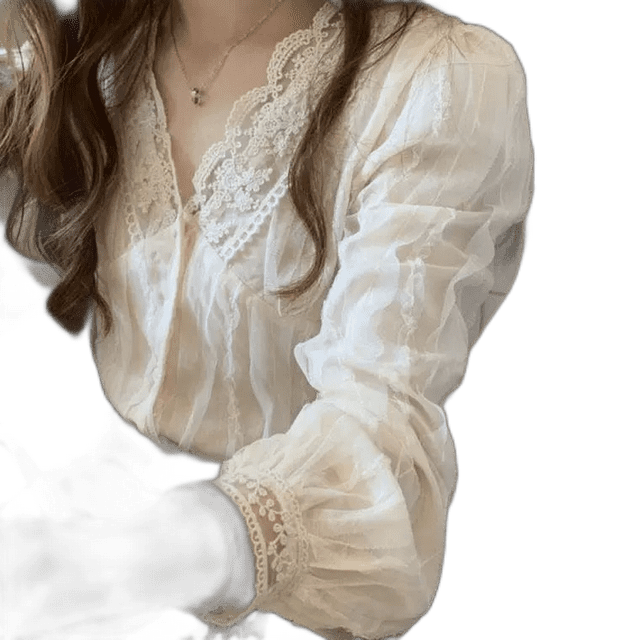 French Style Gentle V Neck Chiffon Lace Blouse Spring Sweet And Chic