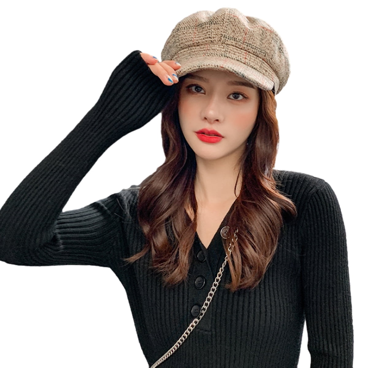 French Style Newsboy Cap for Autumn, Winter, Spring Women's Plaid Wool ...