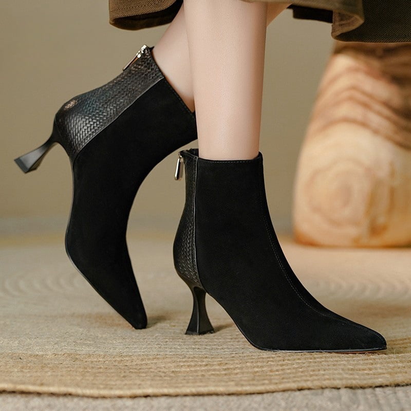 French Style Suede Stitching High Heel Small Ankle Boots Elegant ...