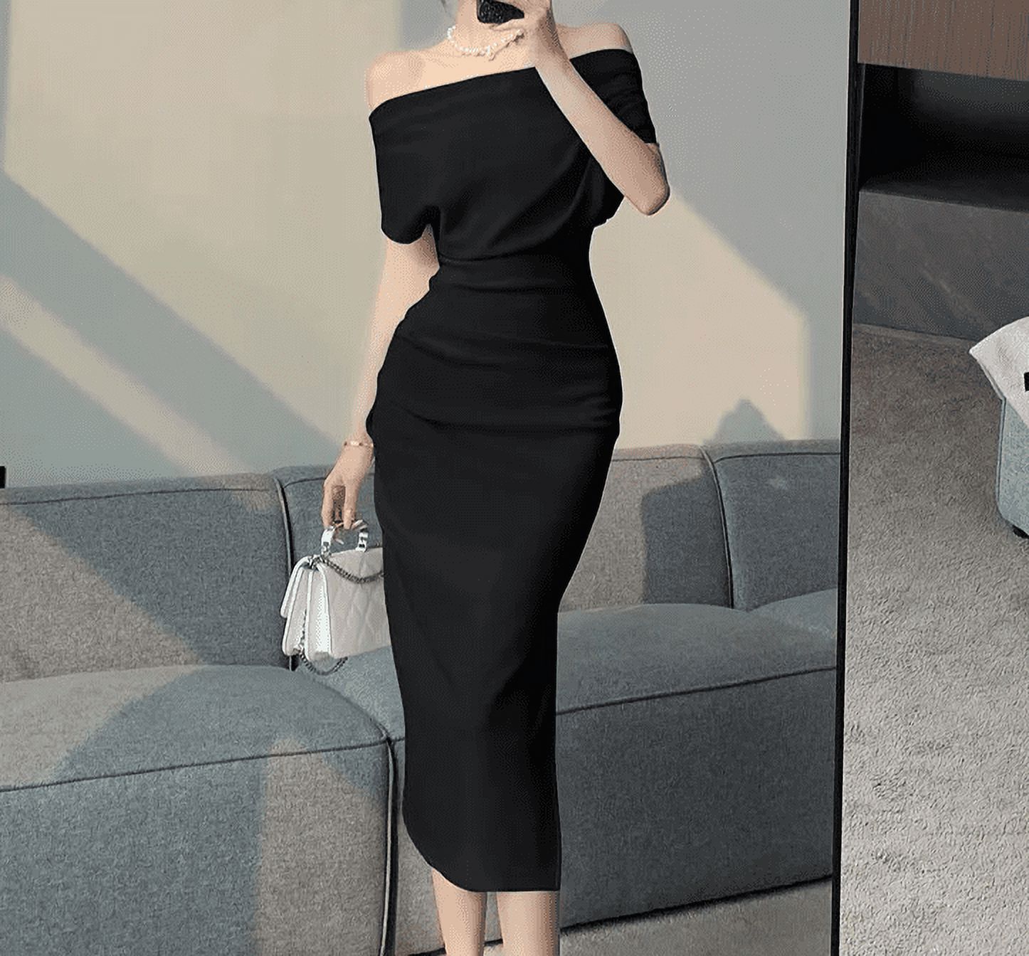 French Temperament Celebrity Wind Sexy Strapless Oblique Collar Dress ...