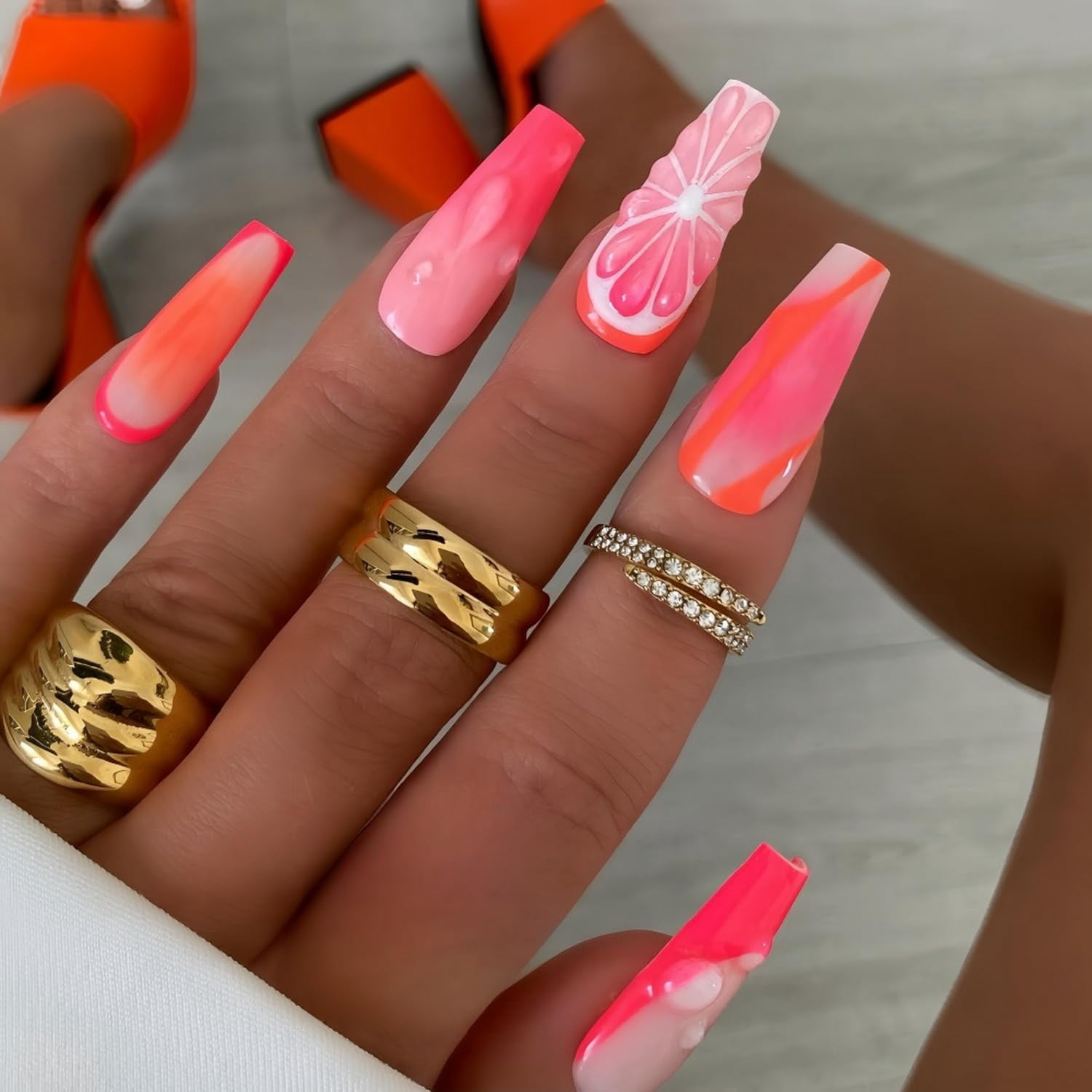 French Tip Fake Nails Long Coffin Shaped Press on Nails 3D Fruit ...
