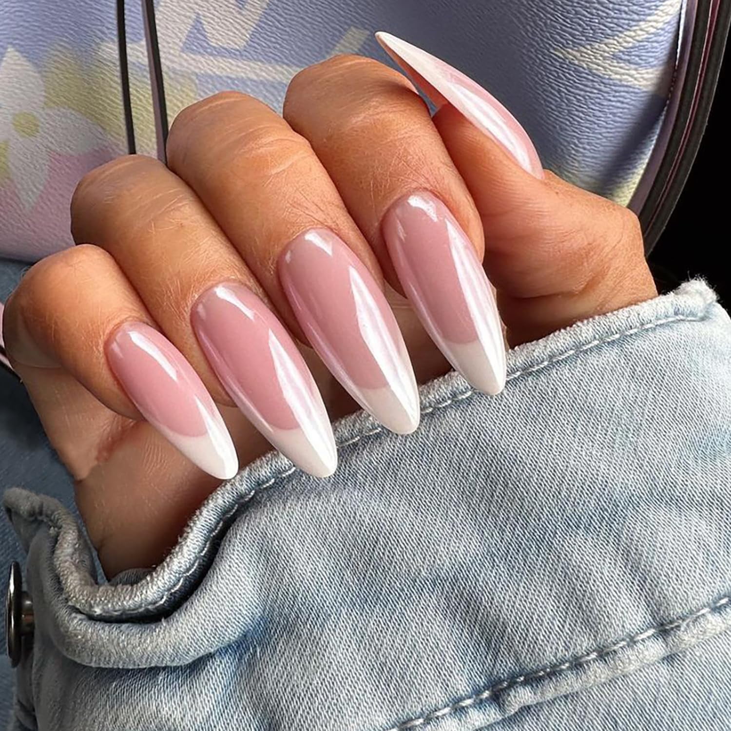 French Tip Press on Nails Hot Pink glue on nails Medium Length Almond ...